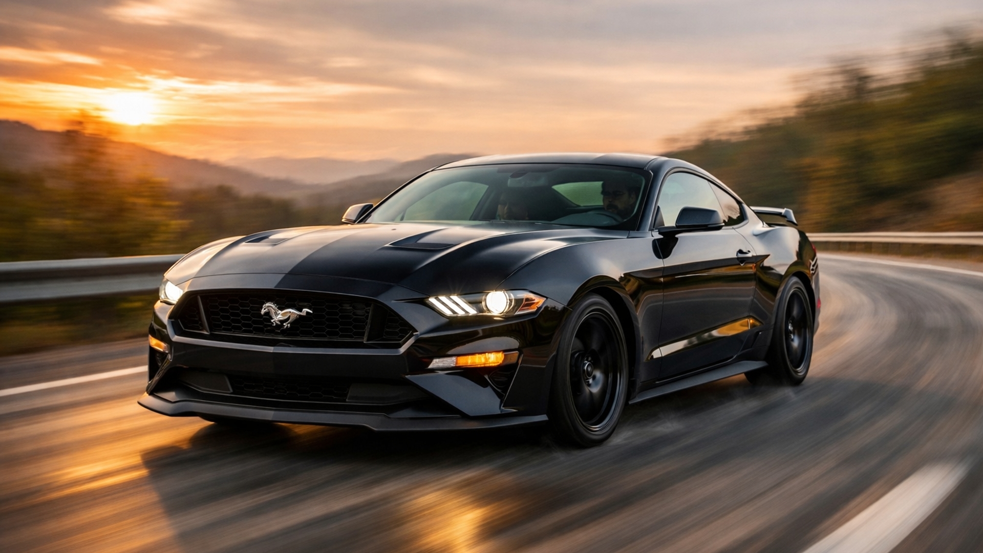 Midnight Ford Mustang Muscle Car Racing Through Golden Hour - backiee
