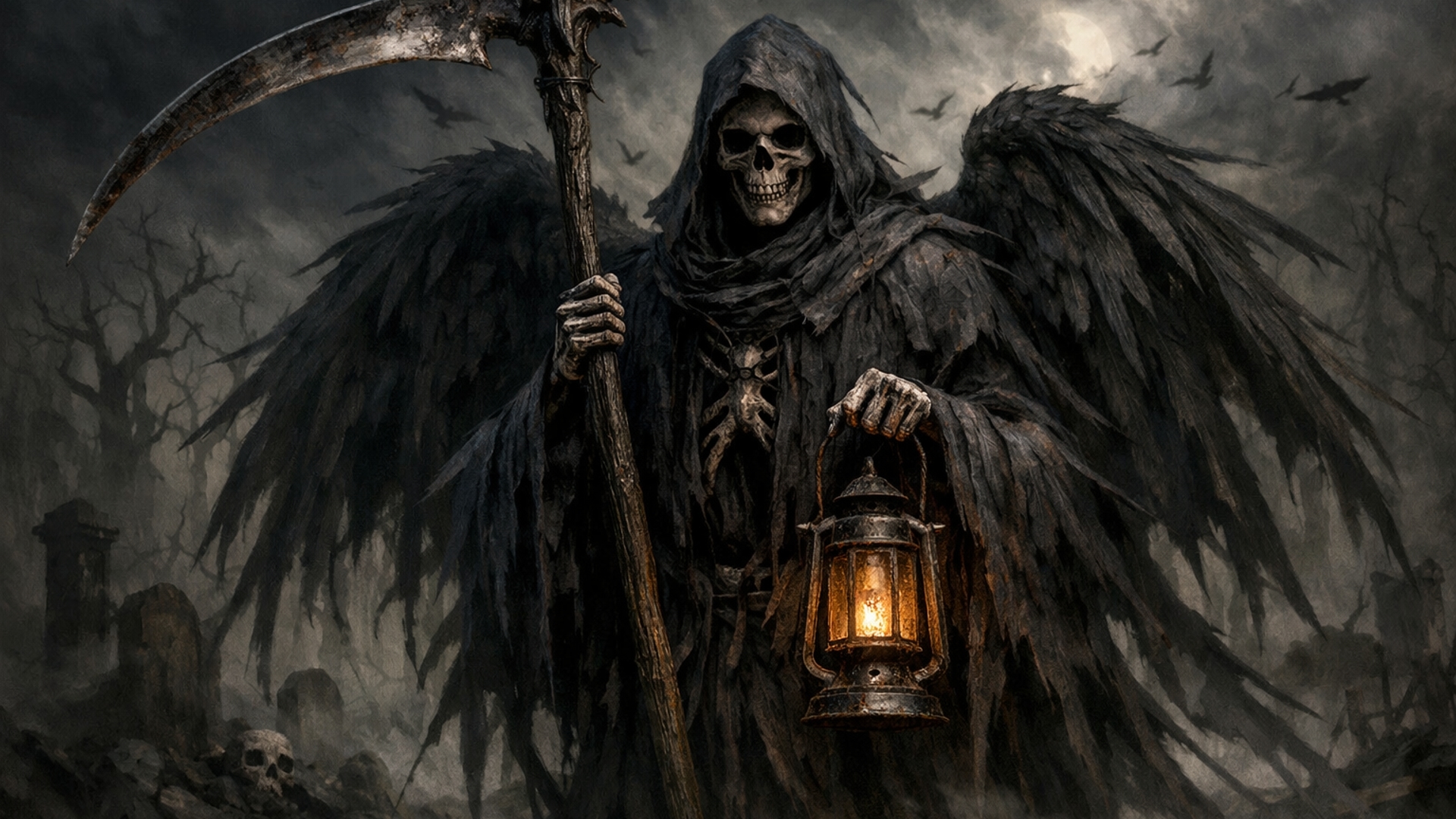 Moonlit Lantern Reaper with Raven Wings in Haunted Graveyard - backiee