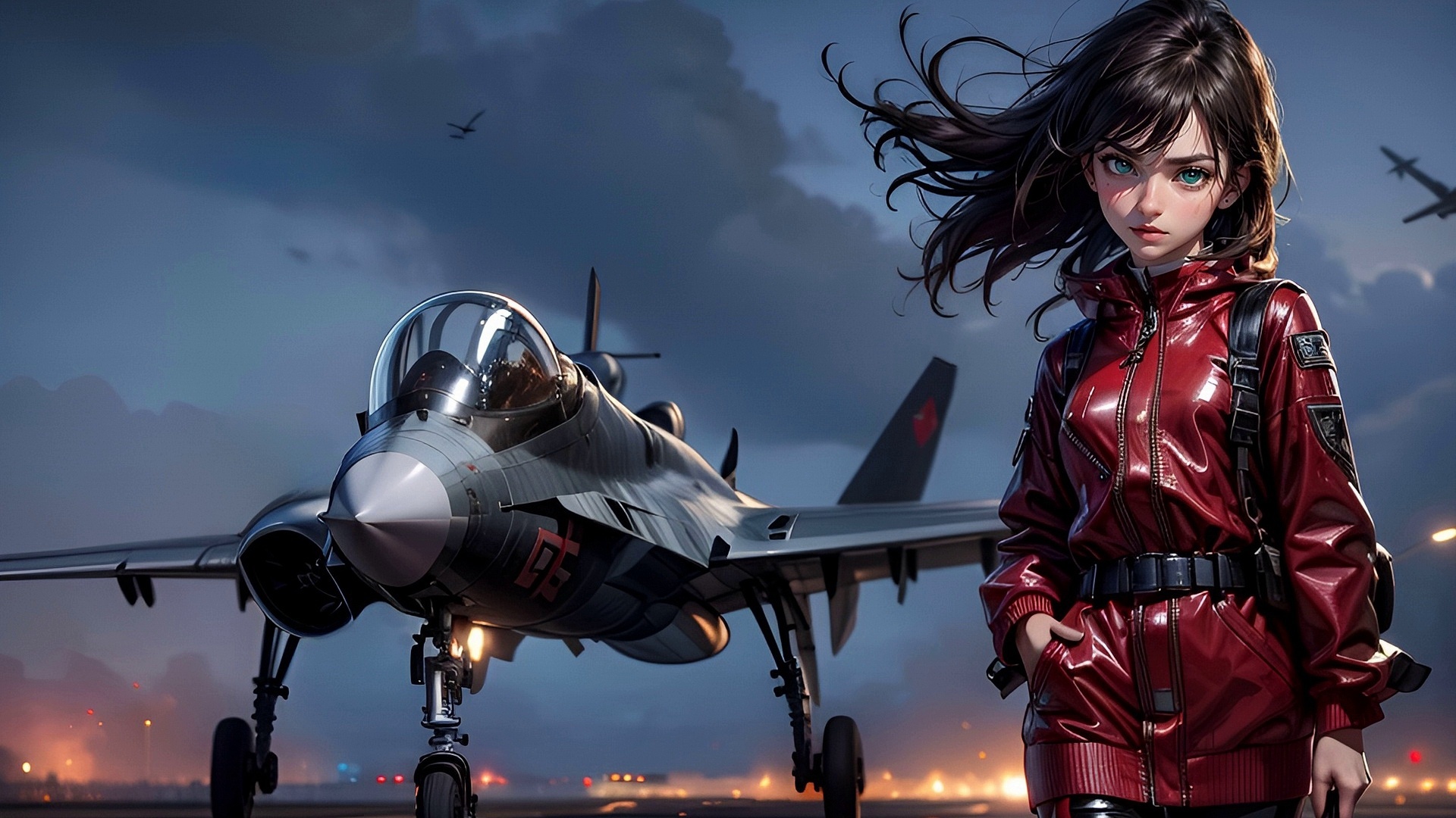 Crimson Skies Ace Anime Fighter Pilot Beside Stealth Jet - backiee