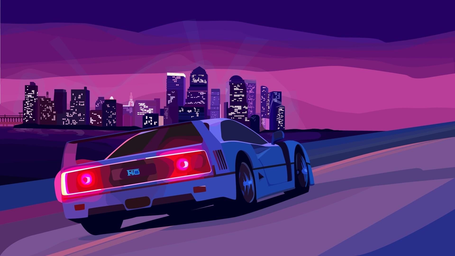 Ferrari F40 Night Drive in Neon Synthwave Skyline - backiee