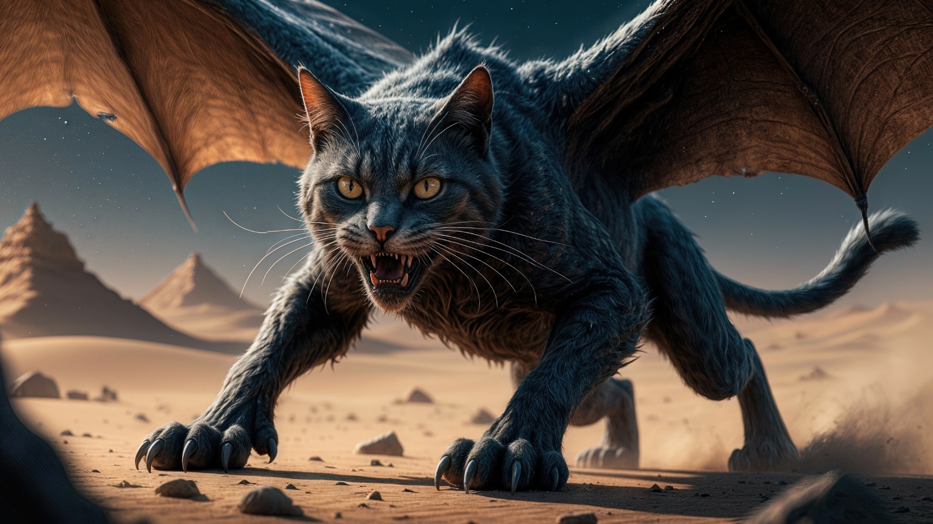Snarling Winged Black Cat Chimera Over Desert Dunes - backiee