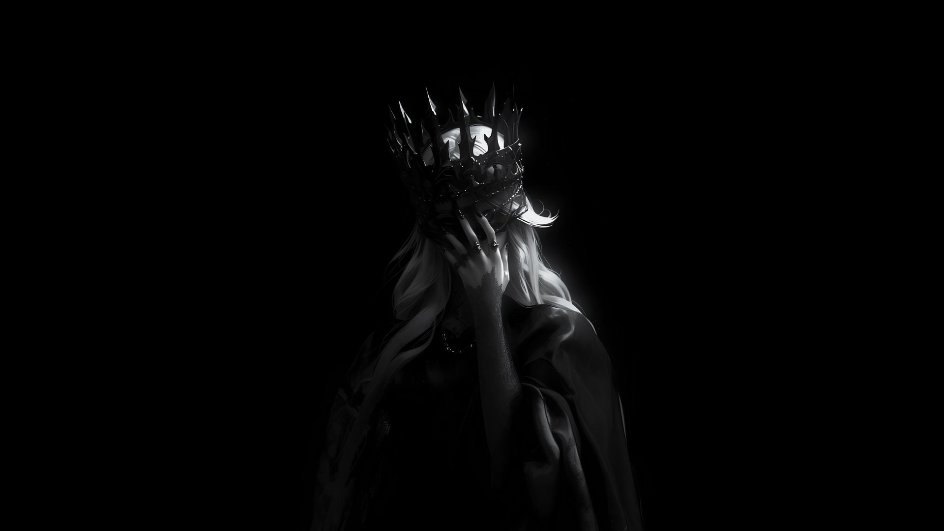 Monochrome Anime Queen in Shadow Wearing a Jagged Crown - backiee