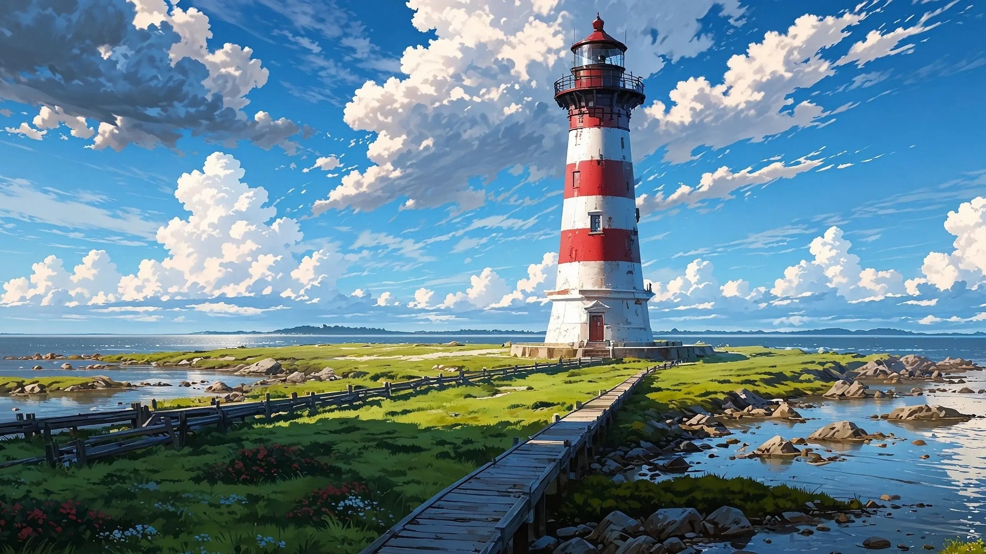 Vibrant Summer Lighthouse Over Quiet Shores in Anime Landscape - backiee