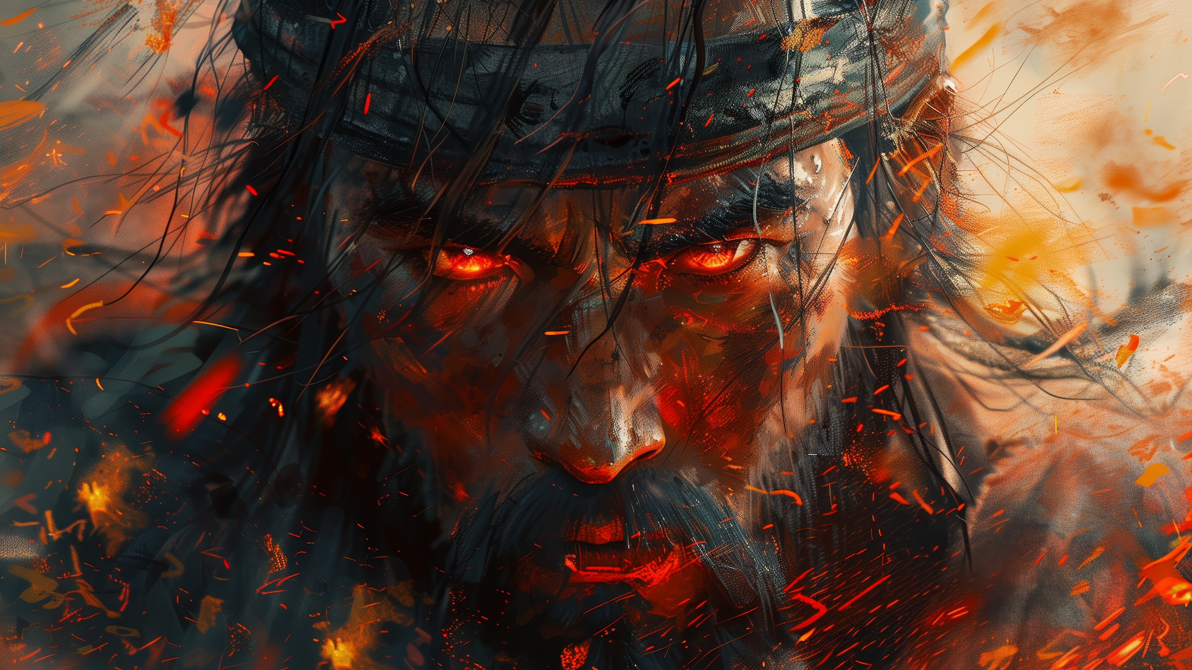 Warrior with Glowing Eyes in Mythical Battle Scene - backiee