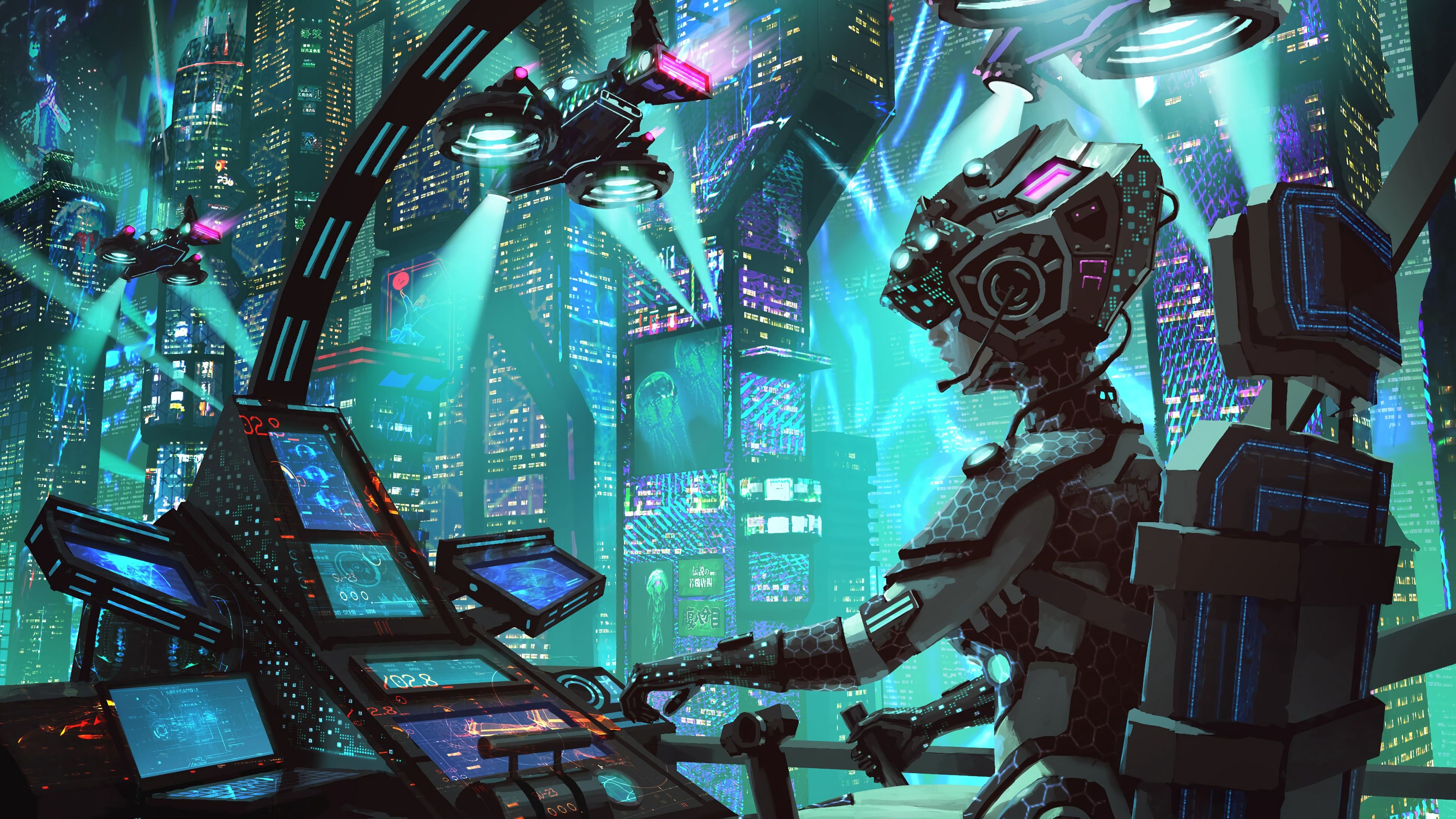 Futuristic Cyborg Operator in Neon Cityscape - backiee