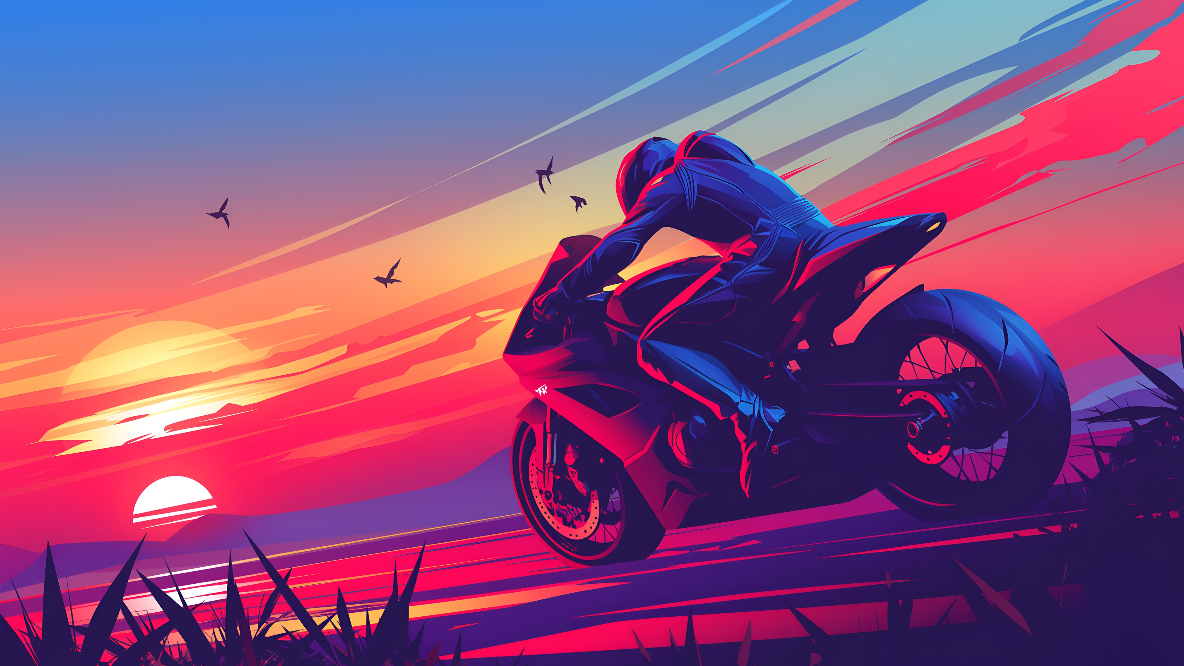 Retrowave Motorcycle Ride into the Sunset - backiee