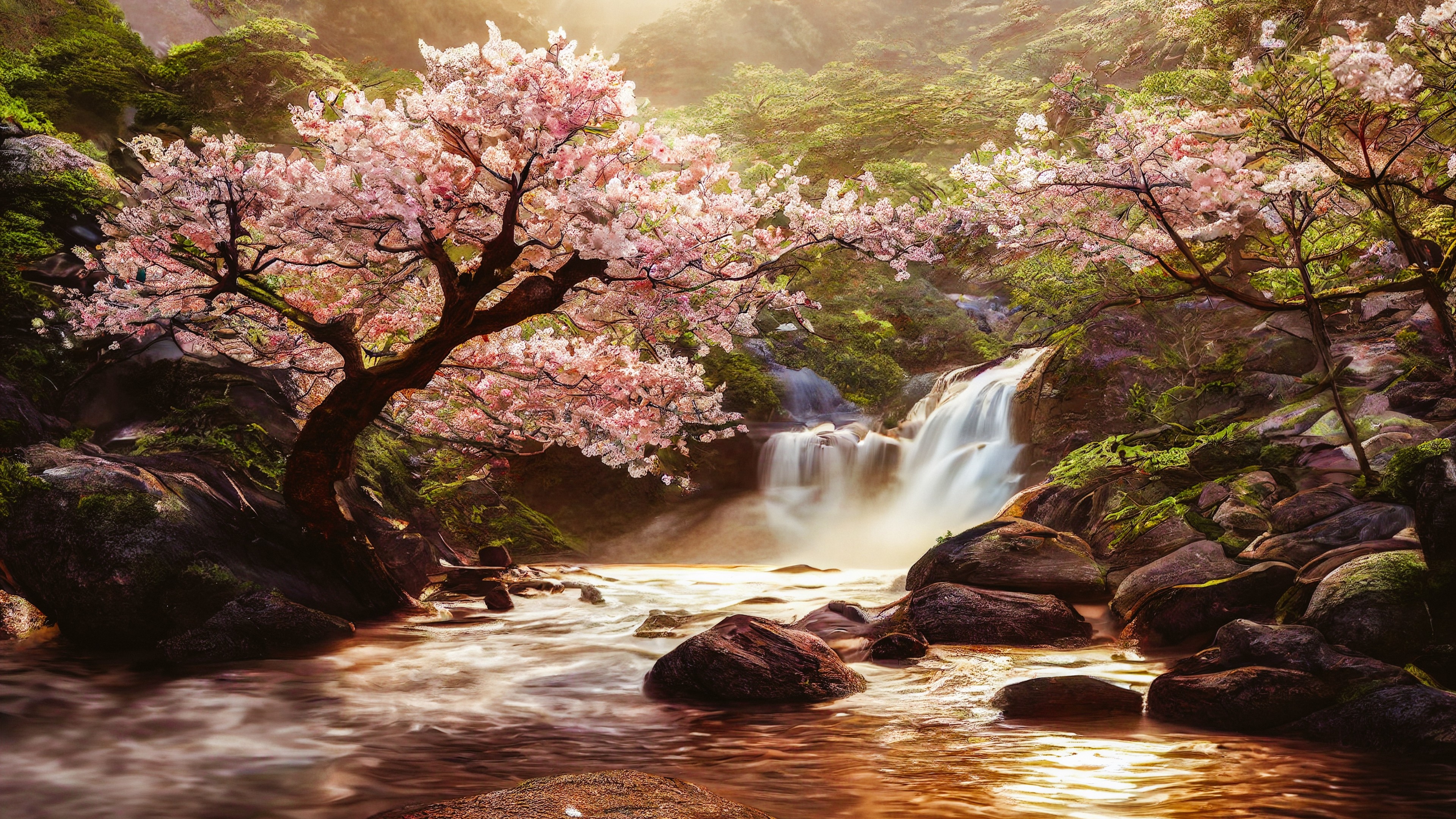 Enchanting Cherry Blossom Waterfall Wonderland - backiee
