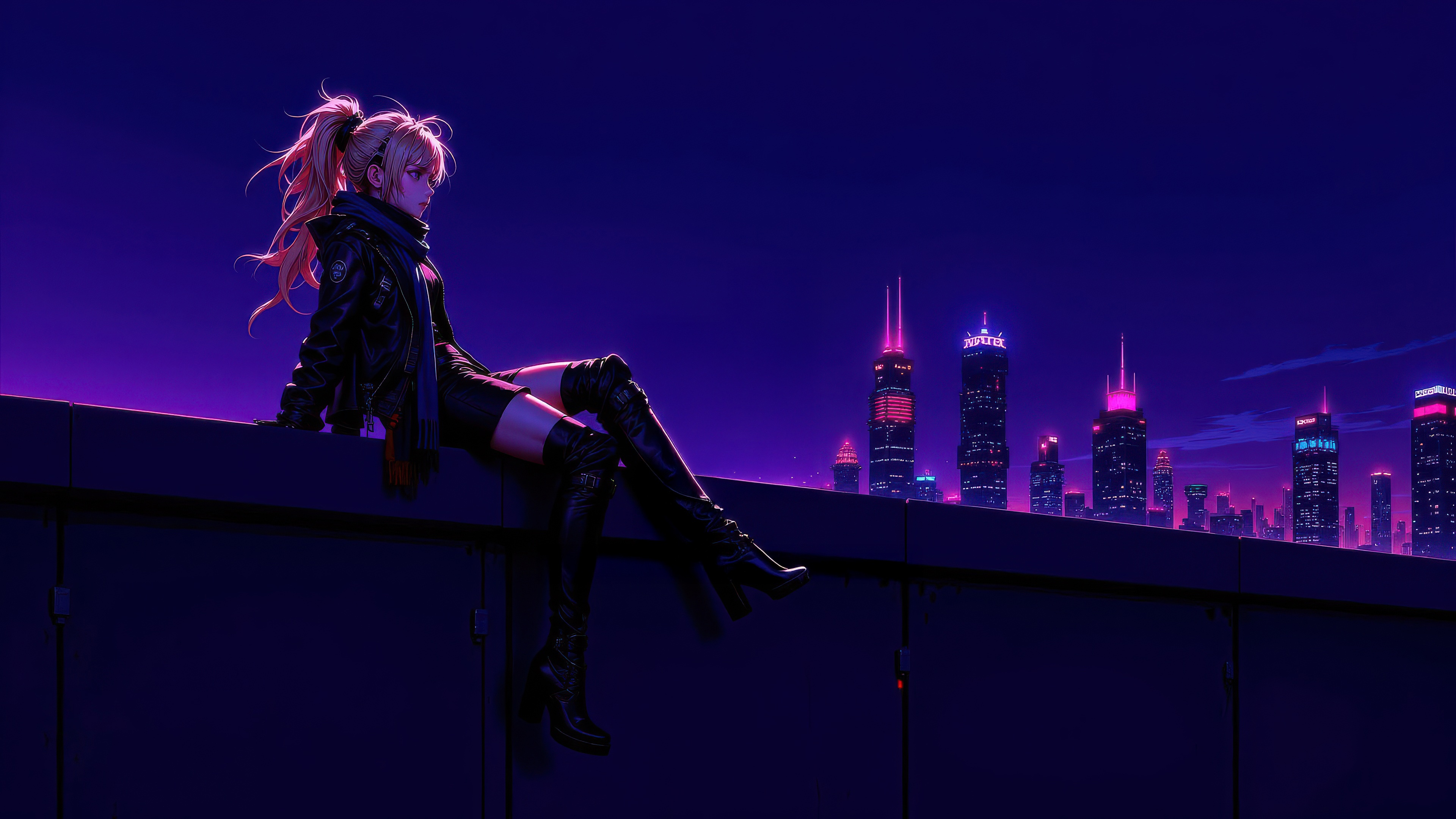 Neon Rooftop Rebel Under the Cyberpunk Night Sky - backiee