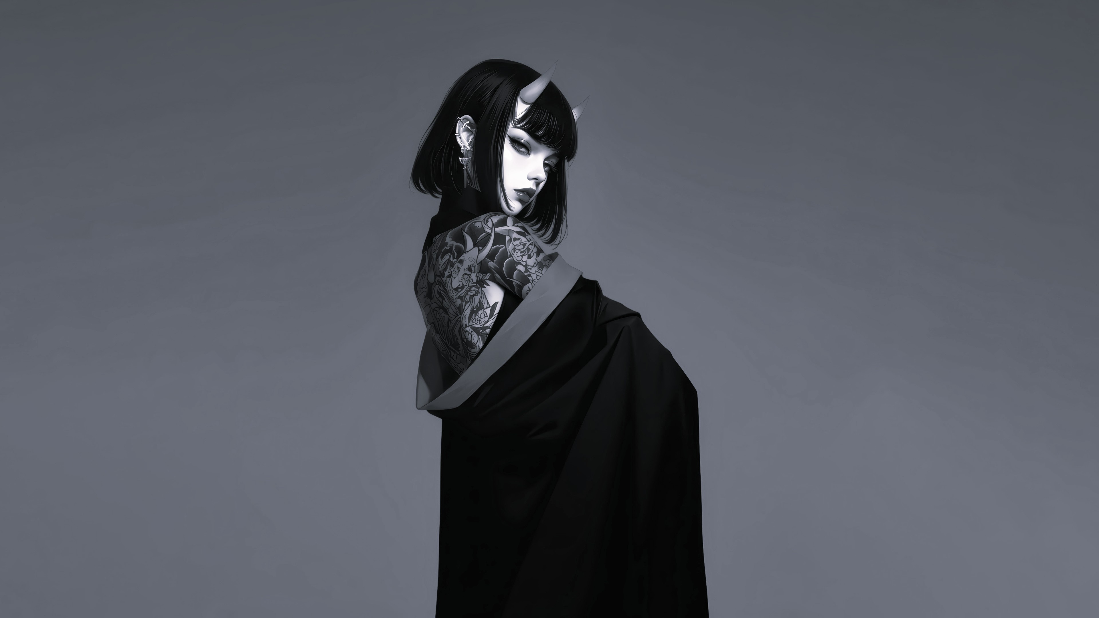Monochrome Horned Goth Anime Girl in Silent Midnight Elegance - backiee