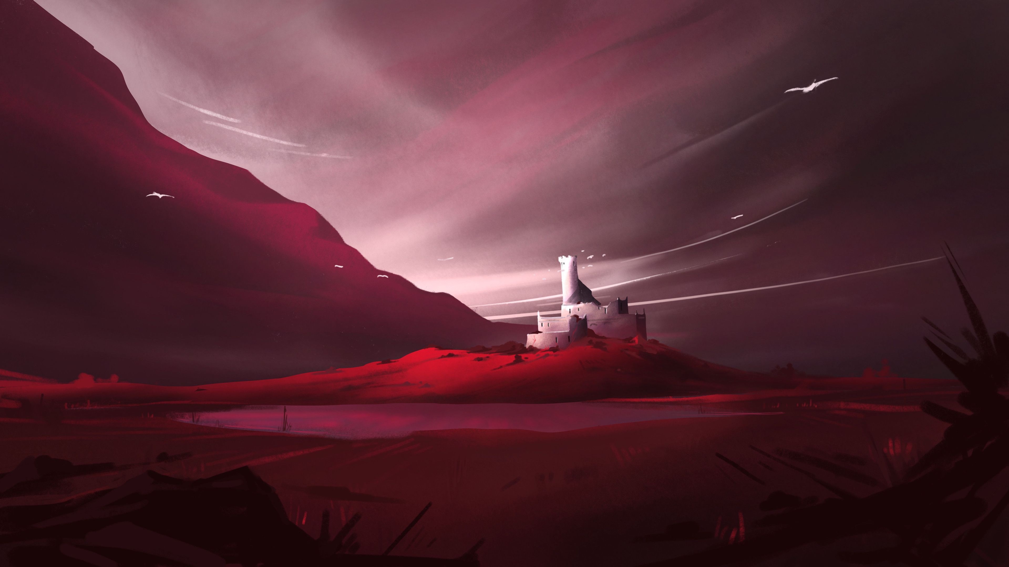 Crimson Dusk Over the Lonely Fantasy Castle in 4K - backiee