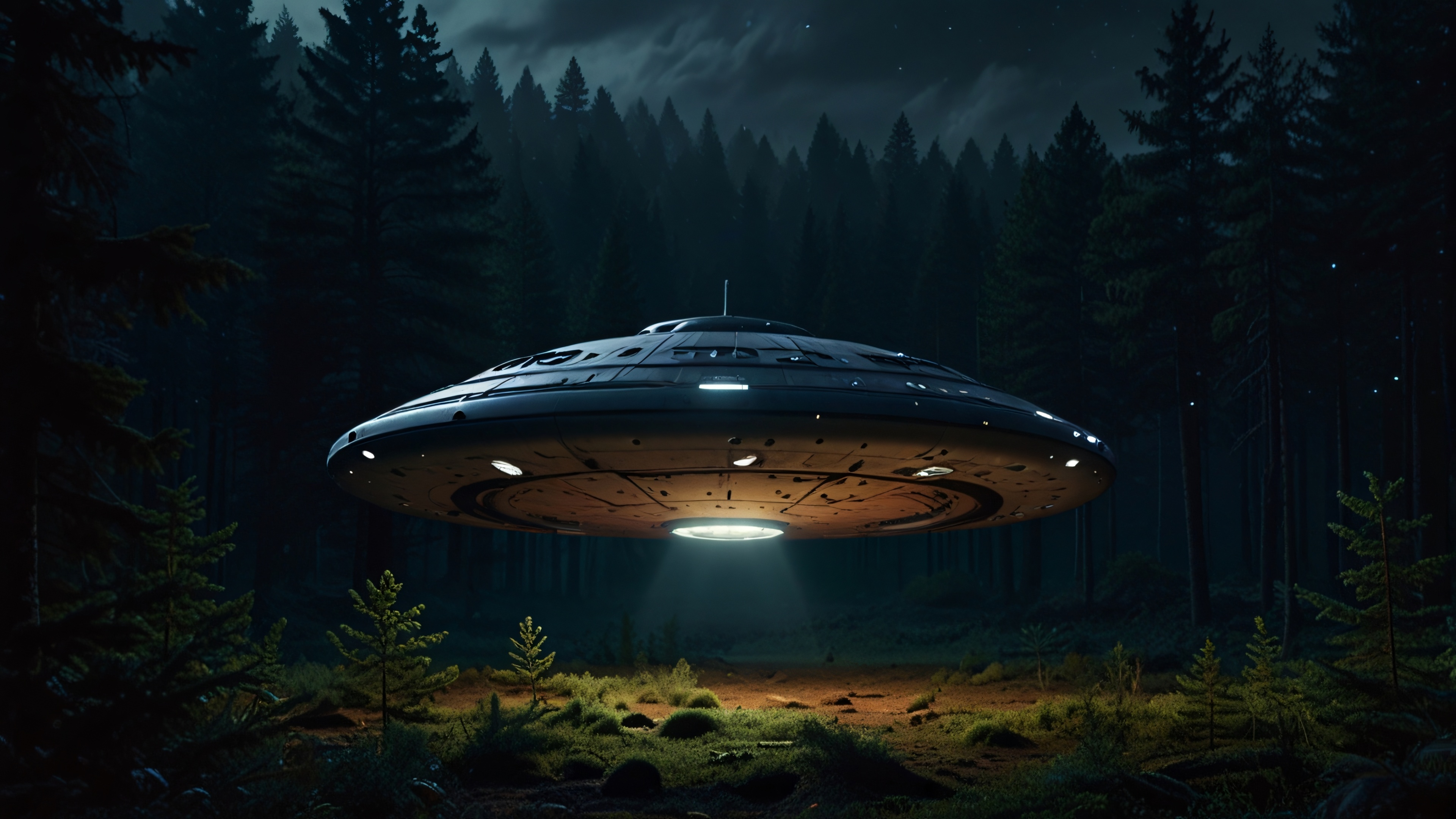 Silent Saucer Hovering Over Midnight Forest Clearing in 4K Fantasy ...
