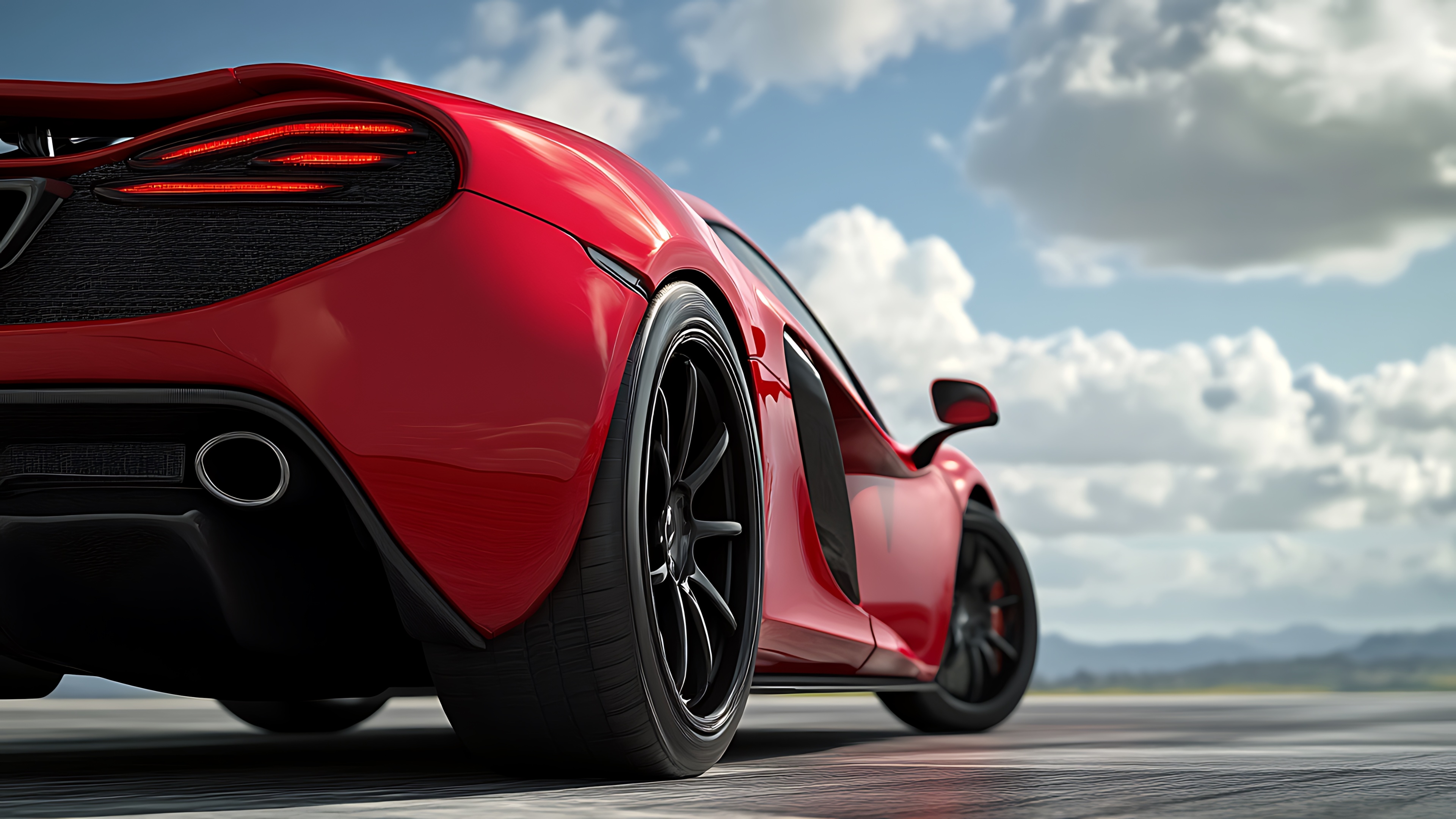 Scarlet Supercar Rear Angle Under Dramatic Sky 4K AI Art - backiee