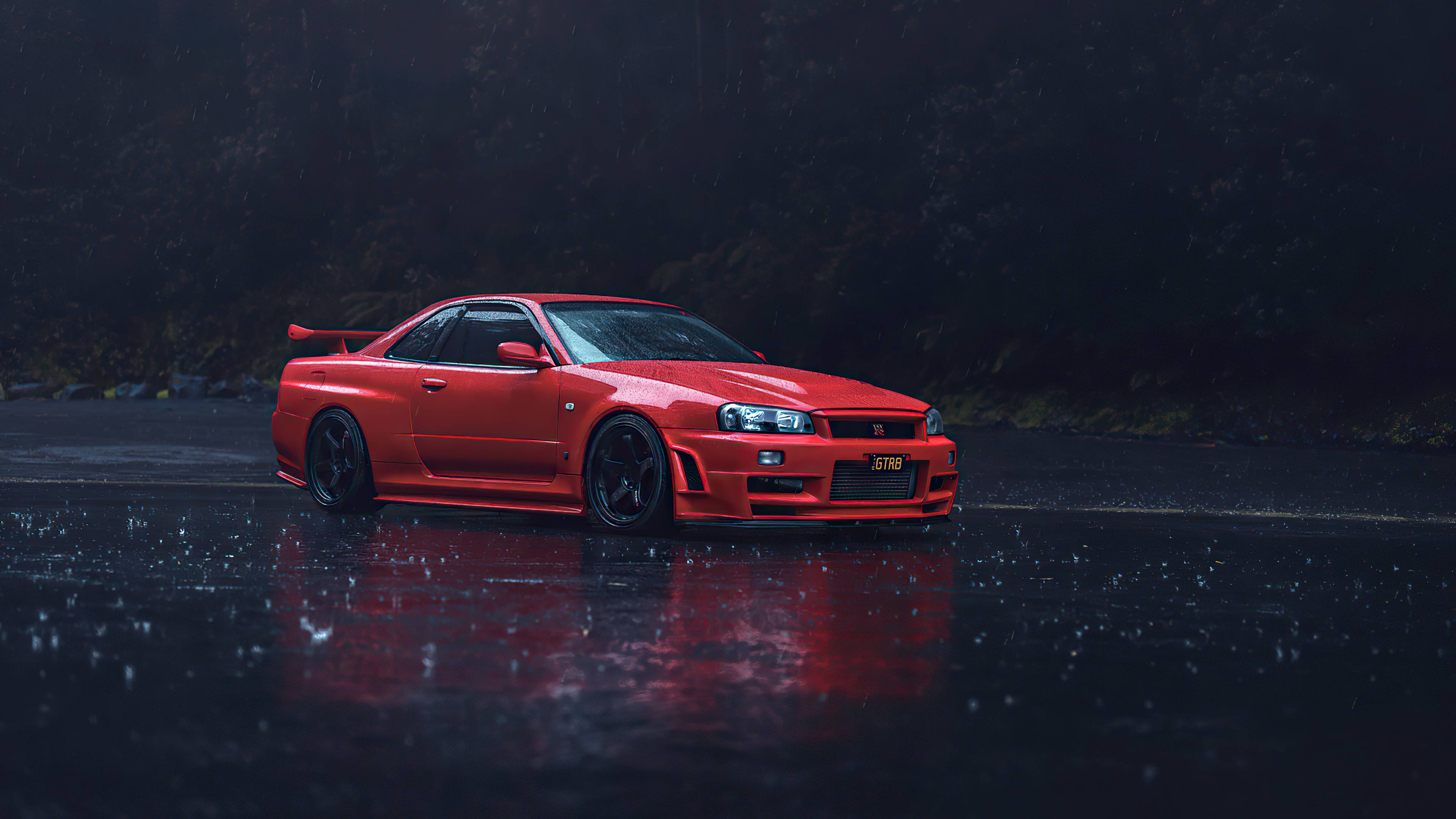 Red Nissan Skyline GT-R R34 Racing Through the Rainy Night - backiee