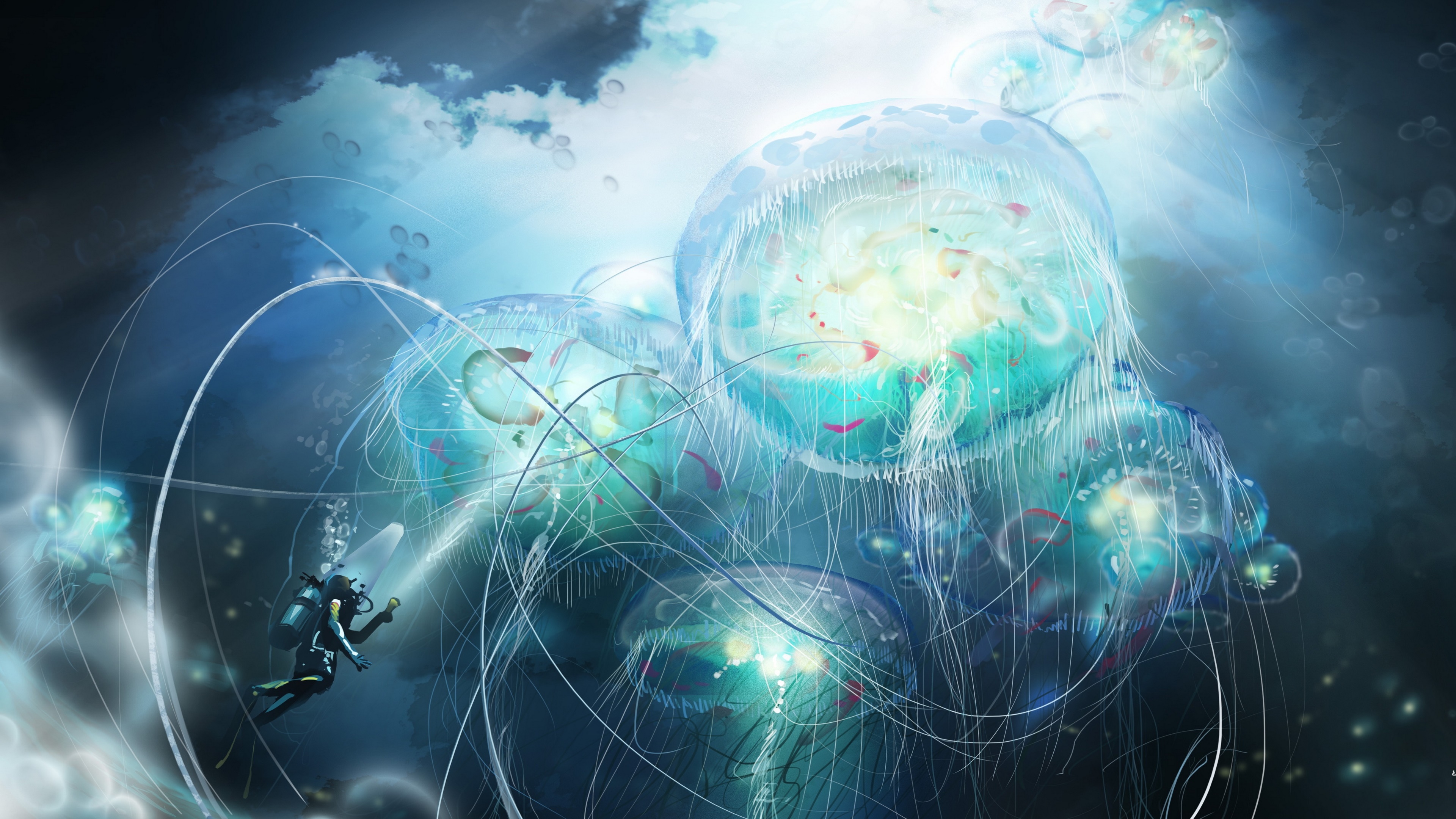 Diver Meets the Luminous Giant Jellyfish in a Blue Fantasy Deep - backiee