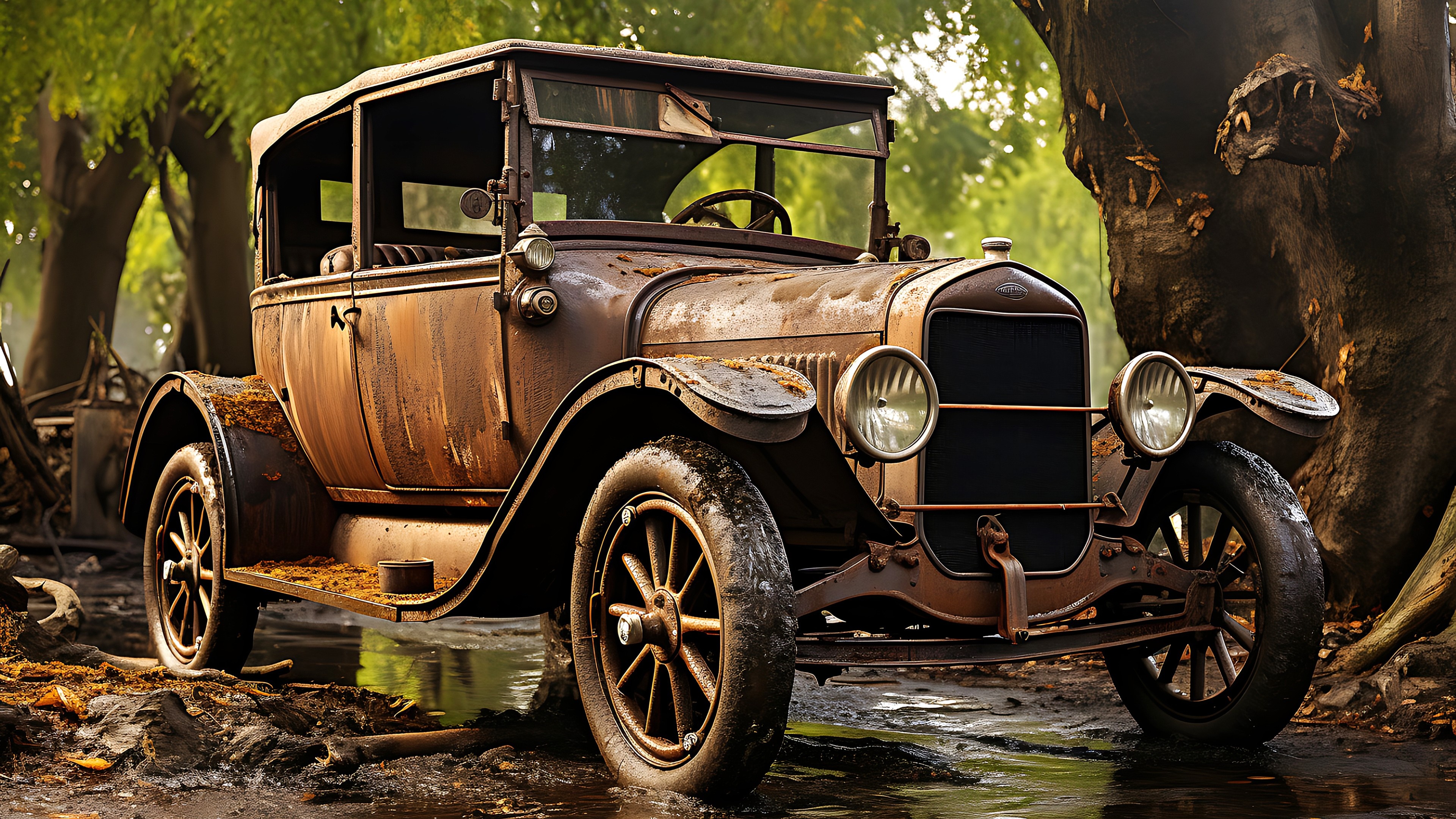 Rusty Vintage Classic Car in Forest Light 4K Wallpaper - backiee