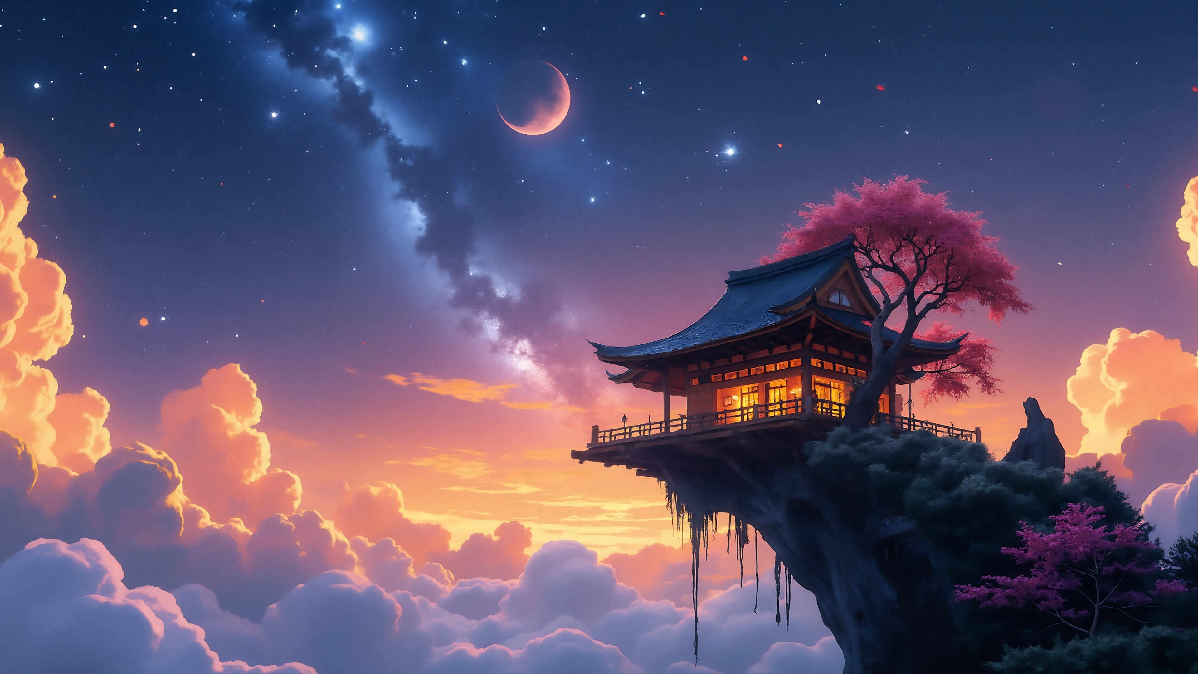 Moonlit Pagoda Above the Dusk Clouds in Anime Fantasy Style - backiee