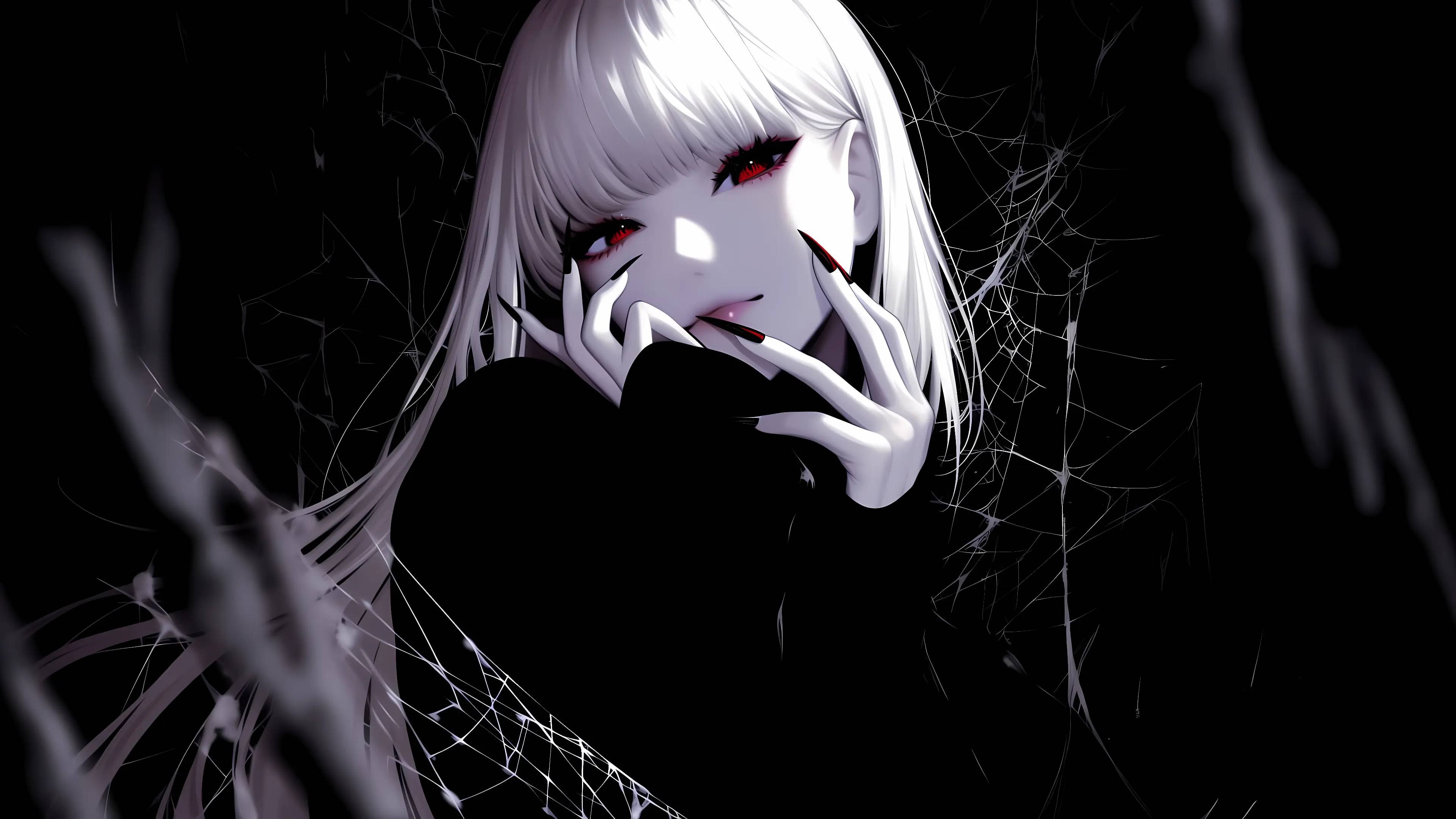 Crimson Eyed Gothic Anime Girl in Monochrome Darkness - backiee