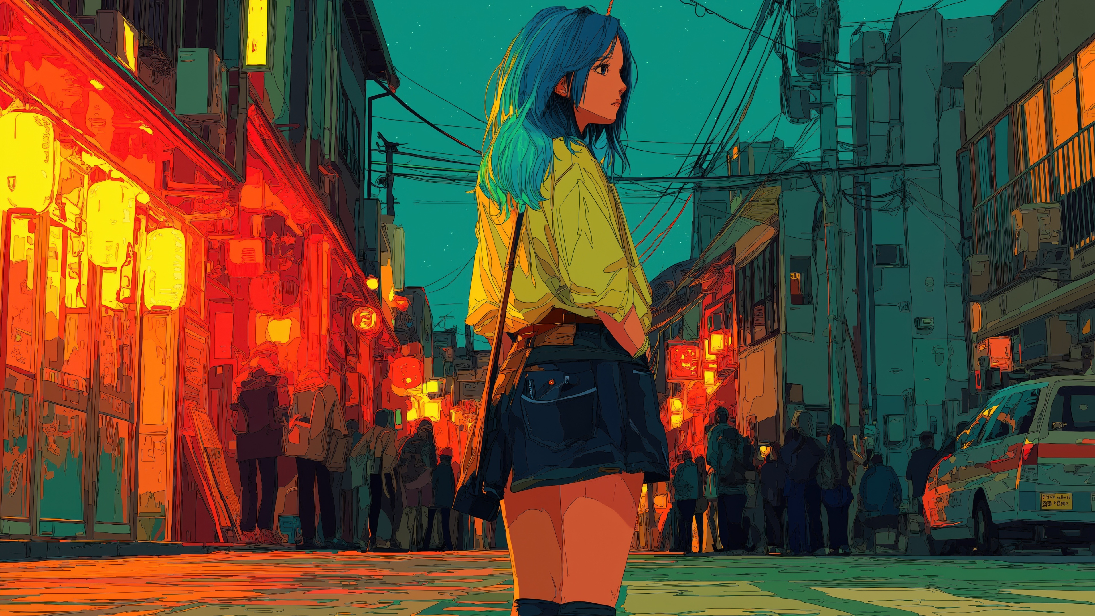 Neon Alley Reverie Blue Haired Anime Girl at Dusk in 4K - backiee