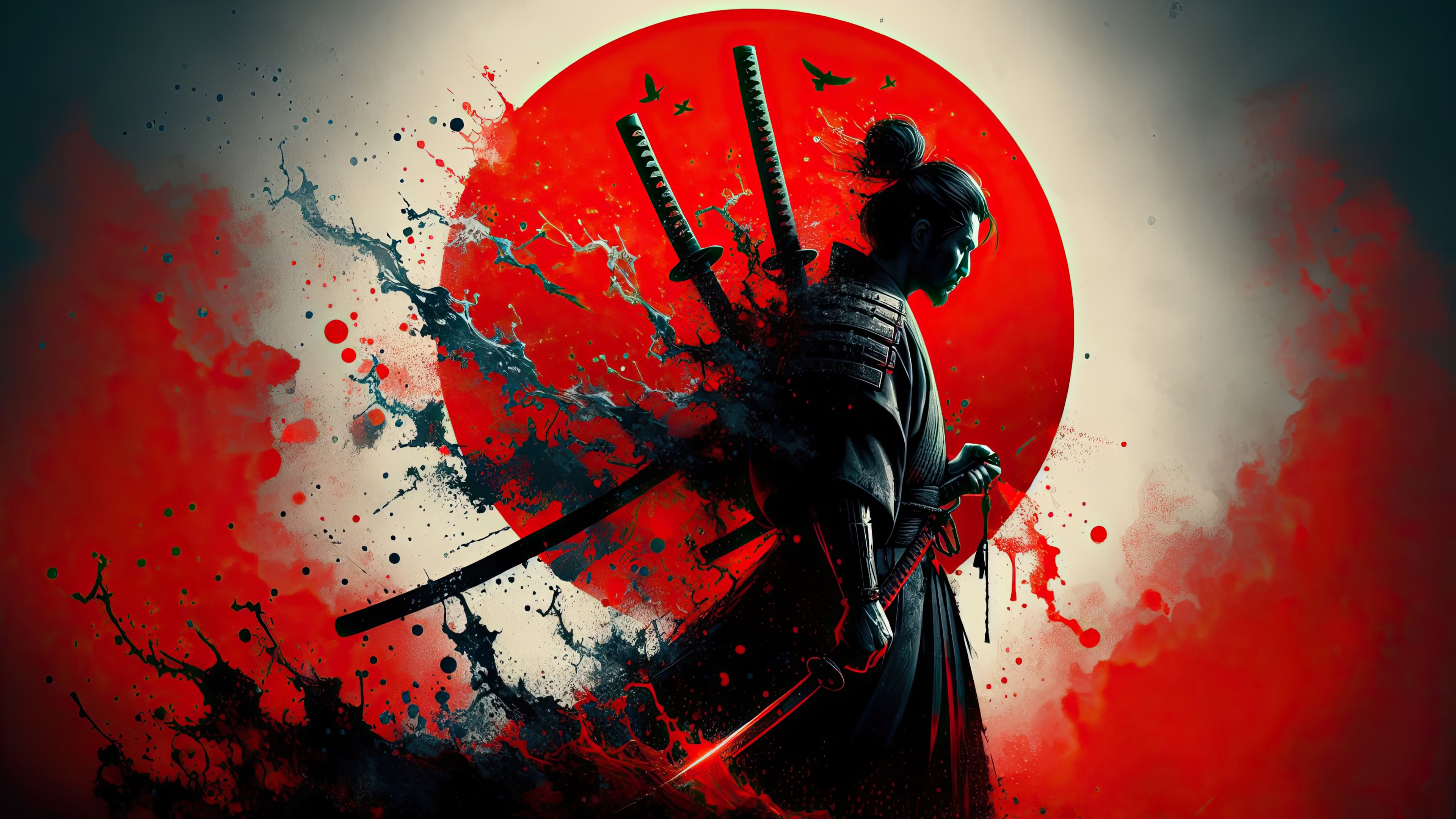 Shadowed Bushido Samurai Against Crimson Sun in Japanese Ink Splash Art ...