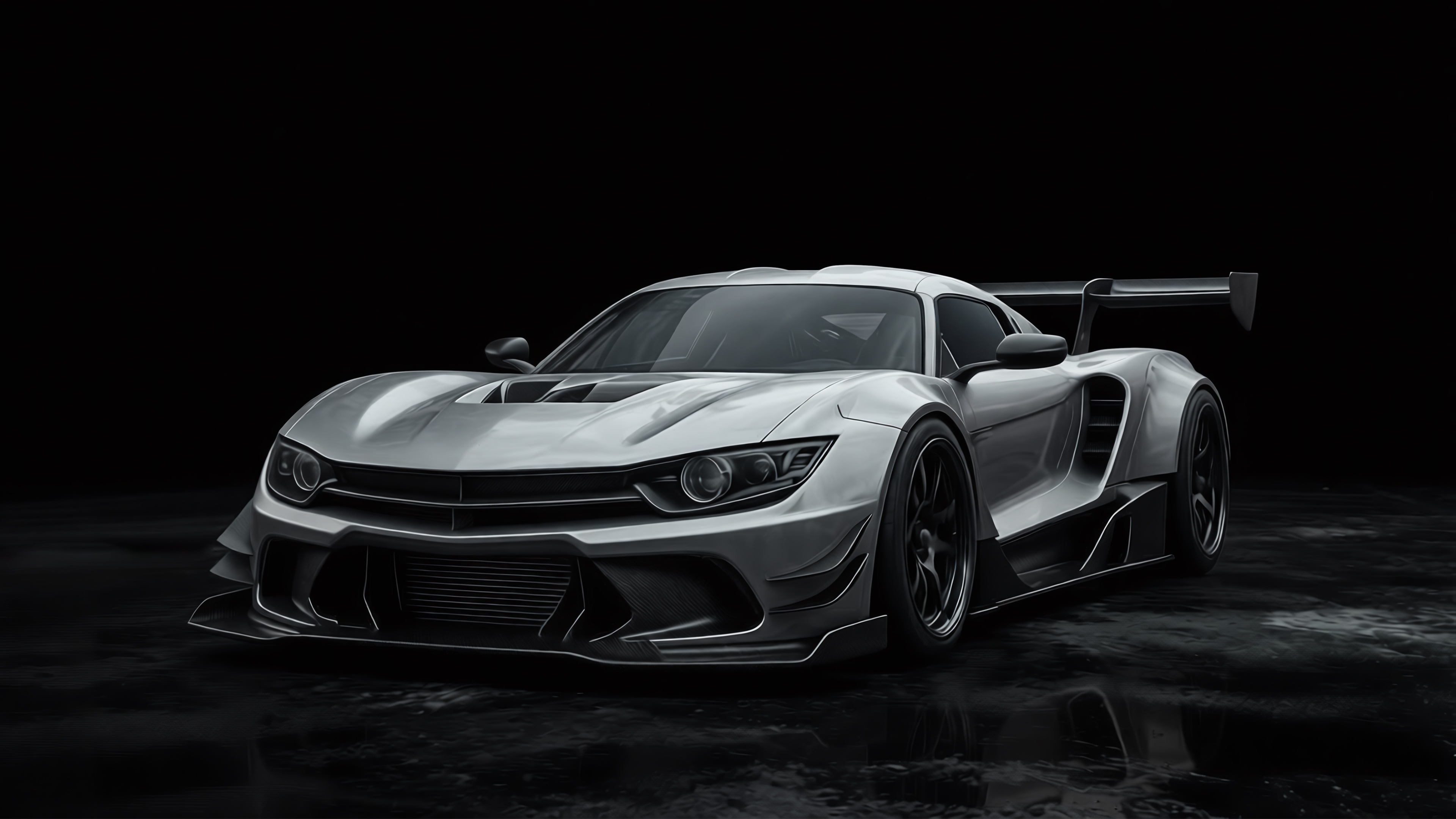 Stealth Silver Supercar in Dark Studio 4K AI Art Wallpaper - backiee