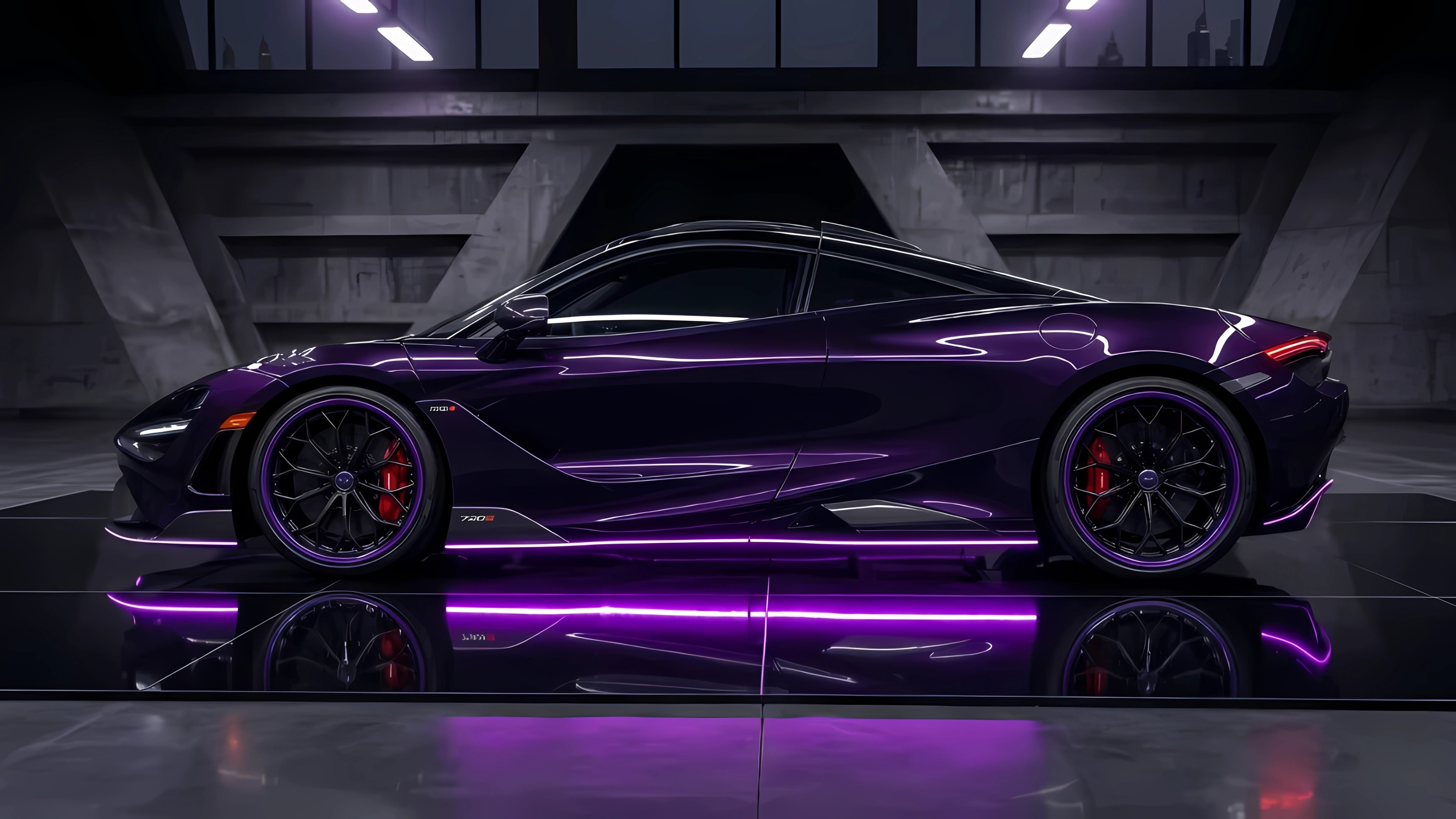 Neon Purple Hypercar in Futuristic Garage 4K AI Art - backiee