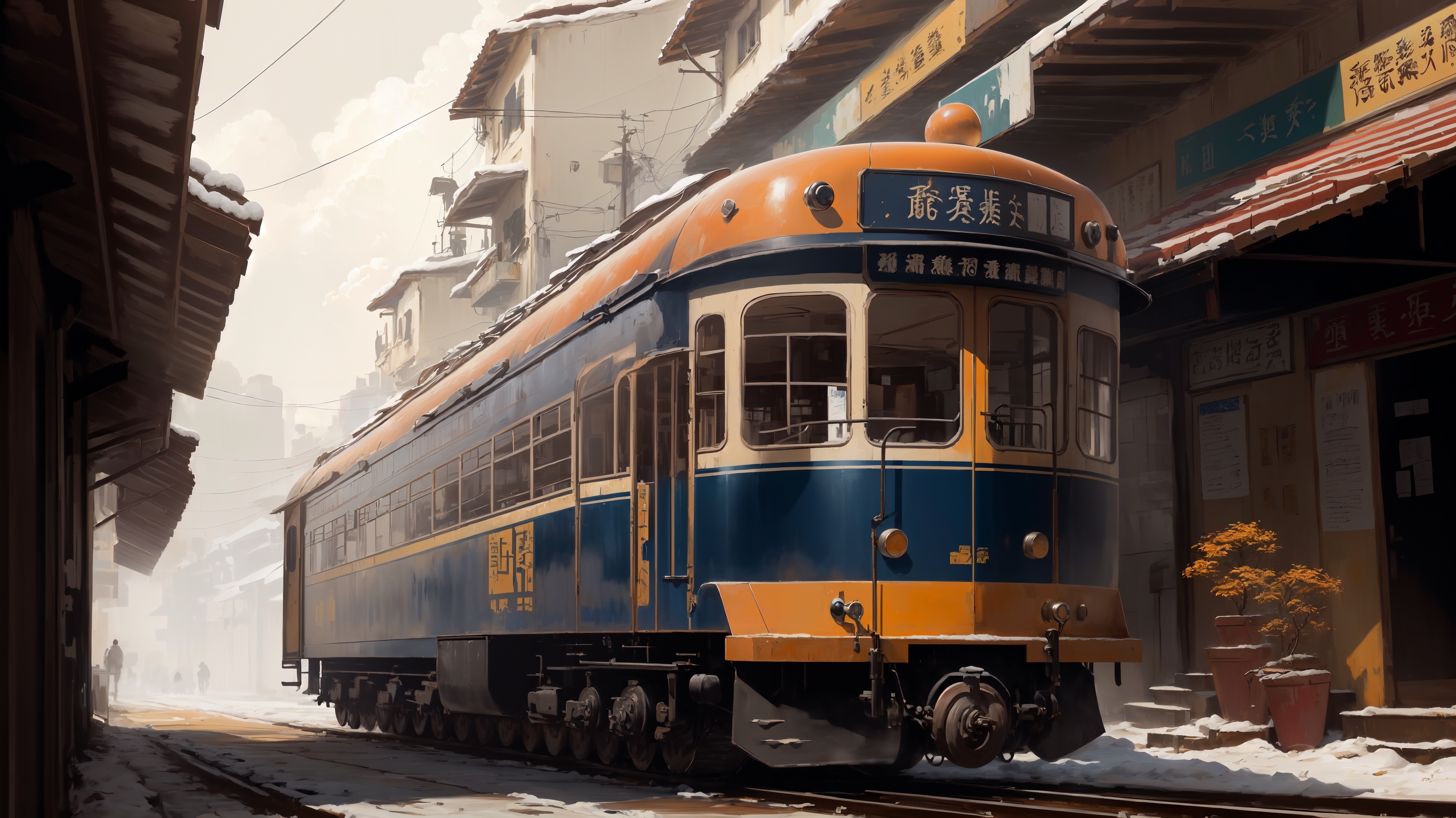 Snowy Old Town Tram in Cinematic Anime 4K - backiee