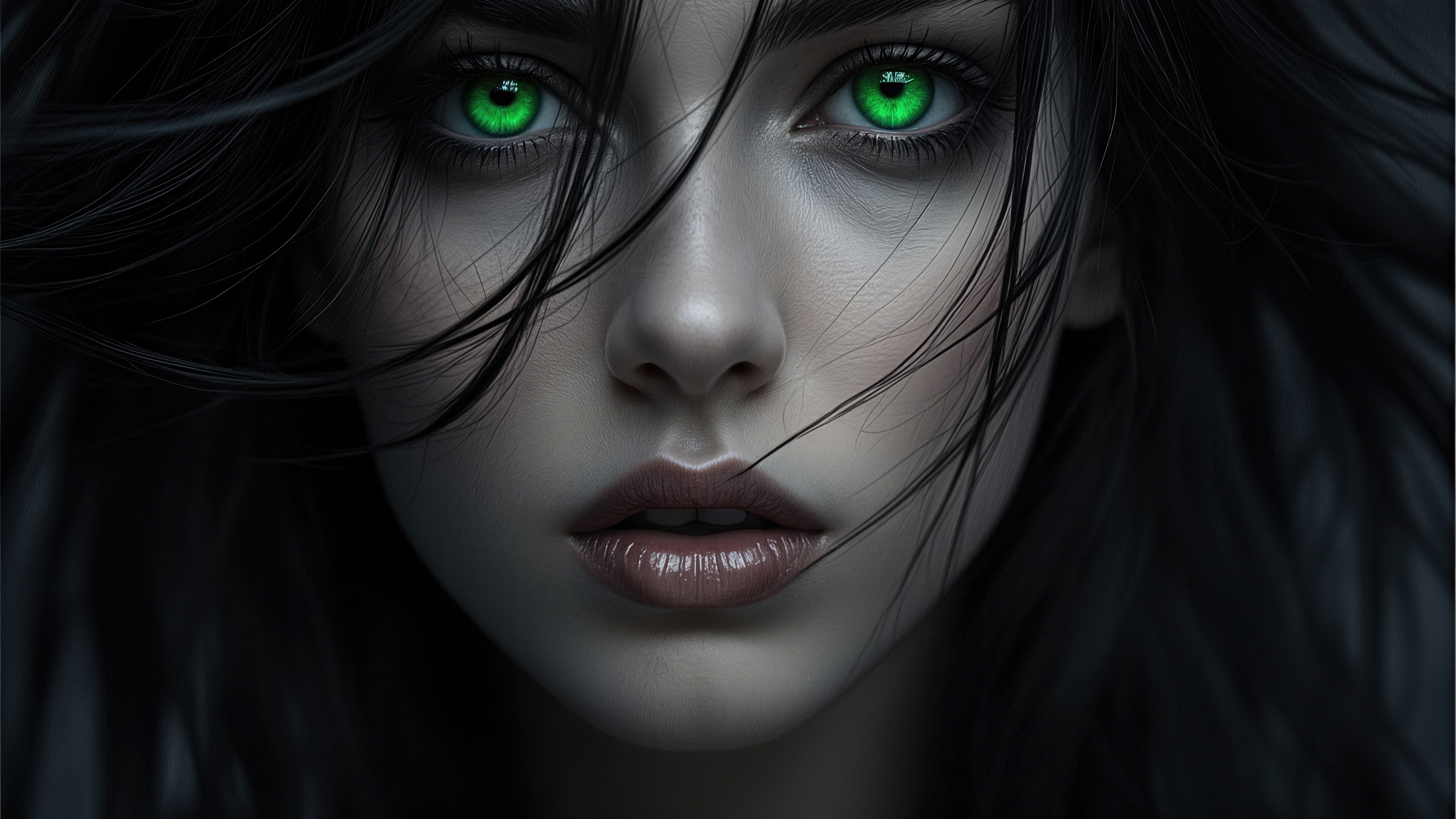 Emerald Gaze in Shadowed Silence AI Portrait Wallpaper 4K - backiee