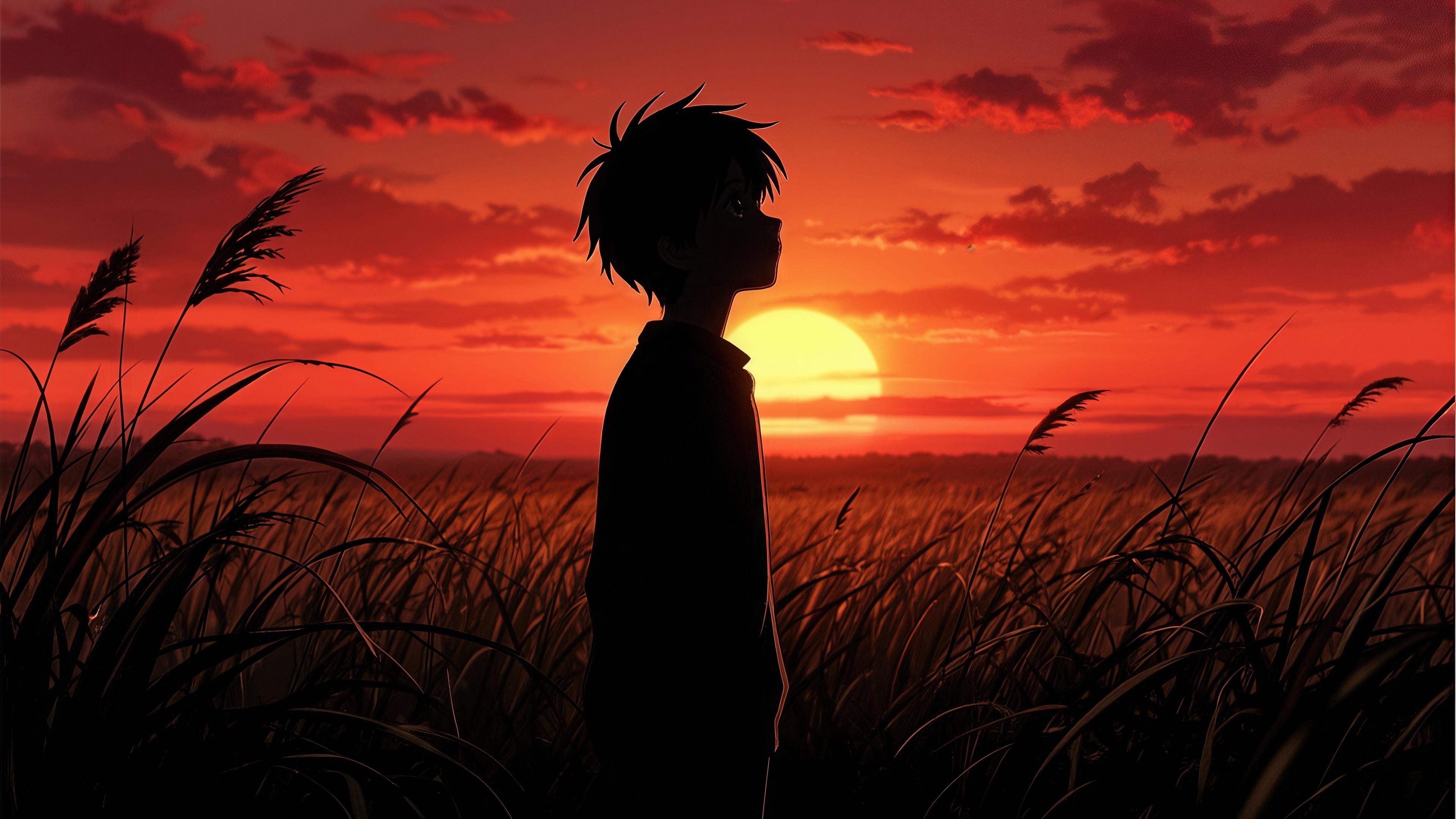 Silent Anime Boy Silhouette Against Crimson Sunset Horizon - backiee