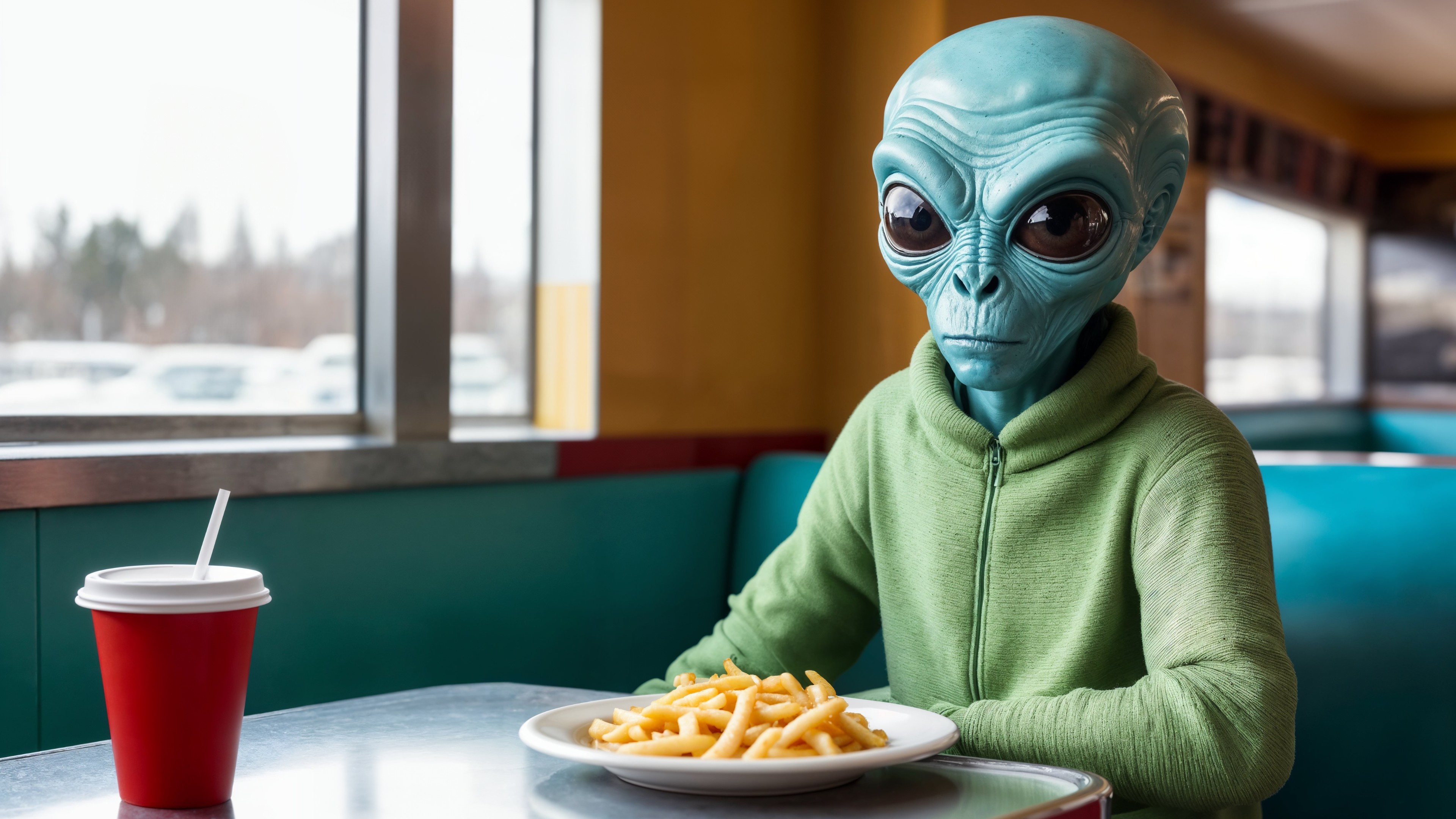 Deadpan Grey Alien Enjoying Fast Food Fries in a Retro Diner - backiee