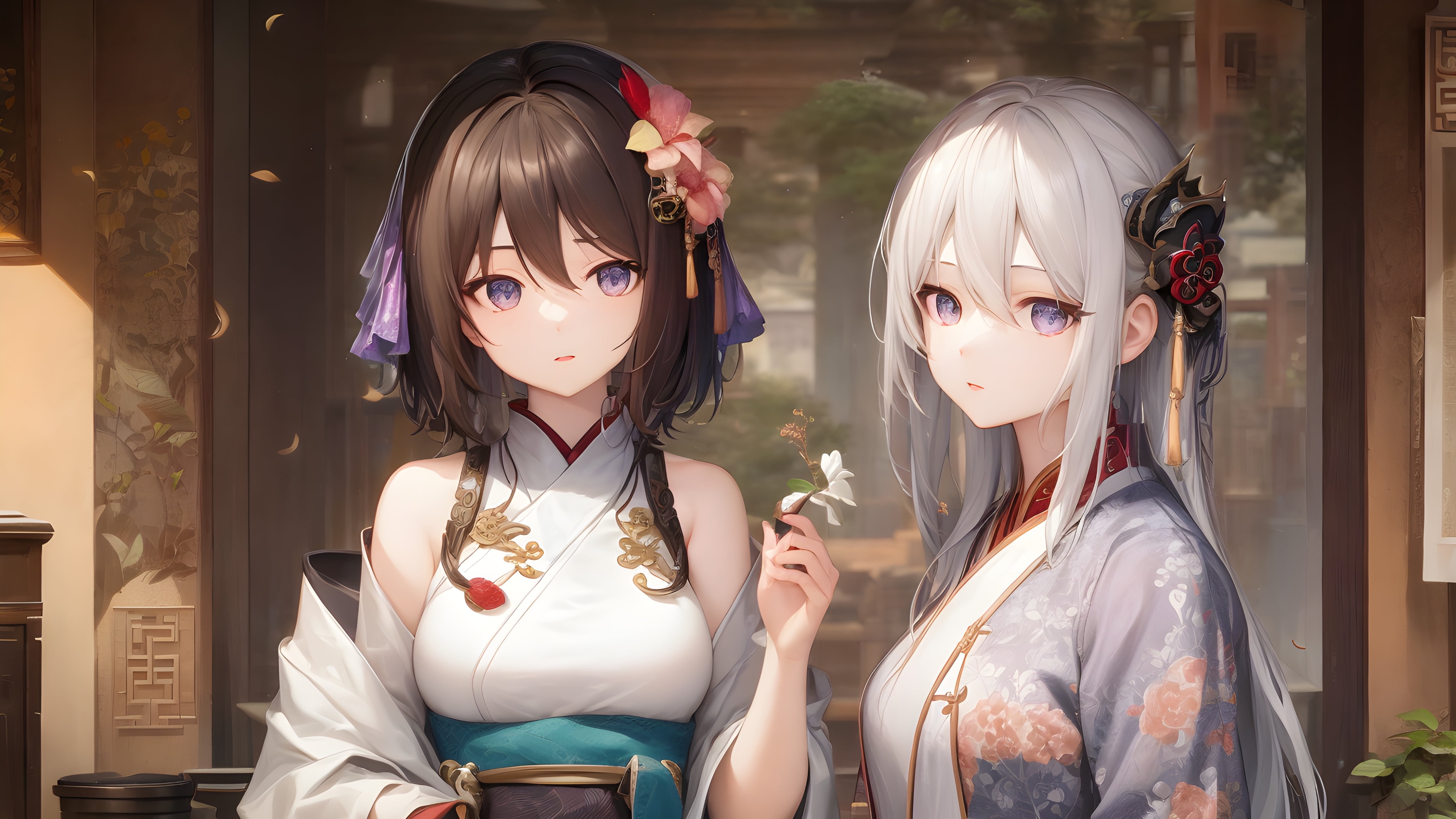 Elegant Anime Duo in Traditional Attire - backiee