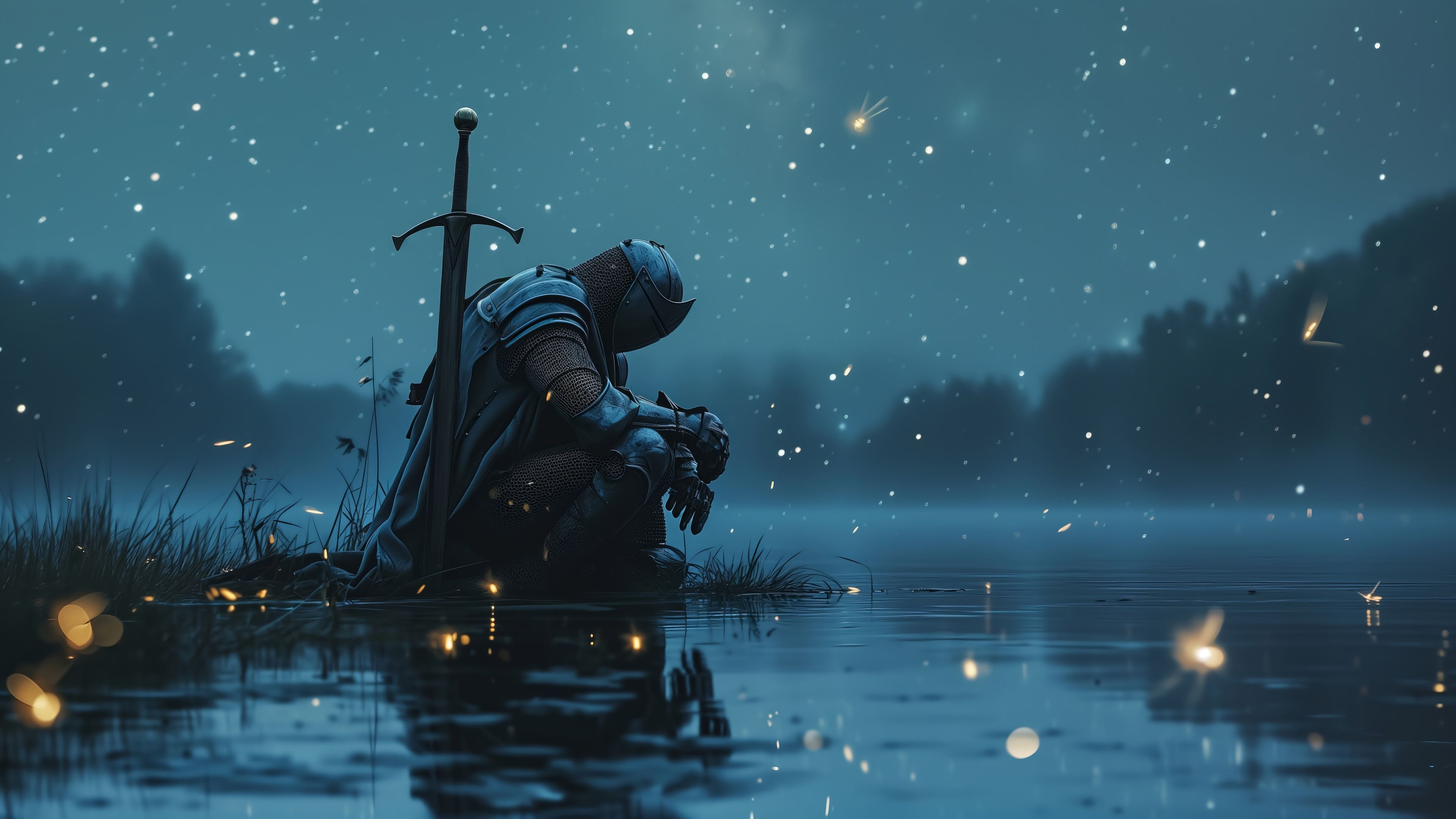 Melancholy Knight Beneath Enchanted Nightfall - backiee