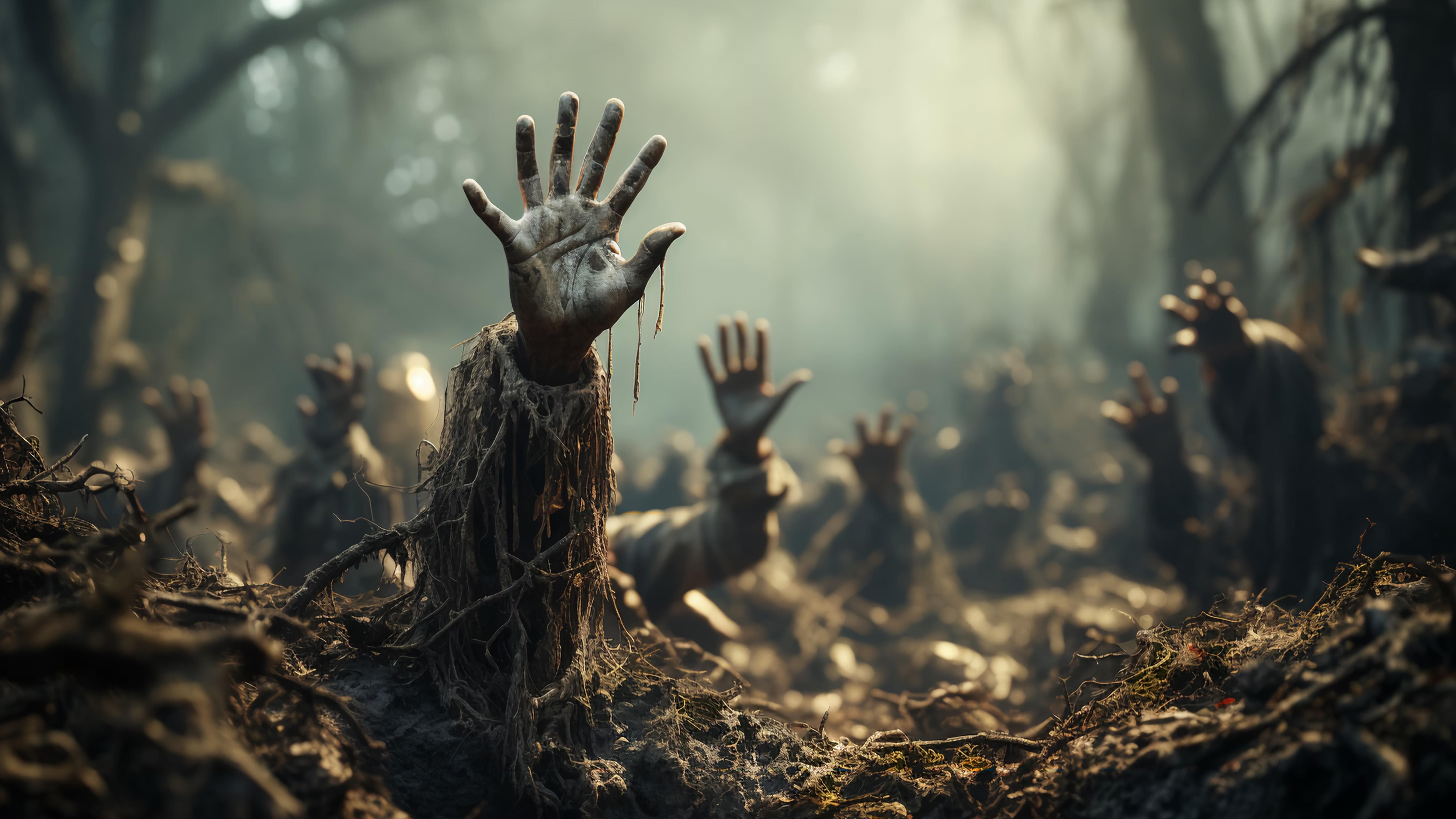 Zombie Hands Rising in a Haunted Forest - backiee