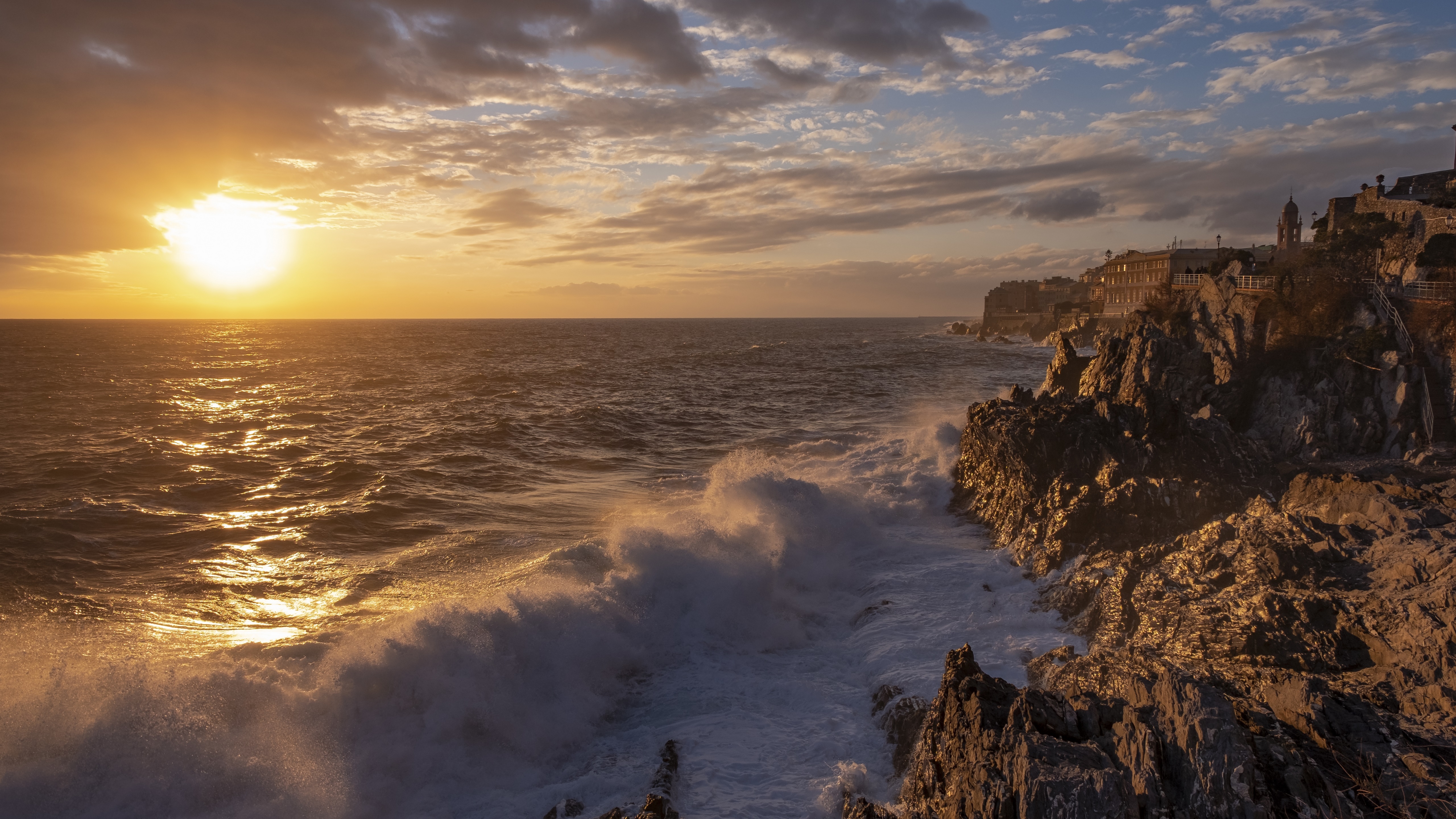 Golden Sunset over Rocky Coastal Waves - backiee