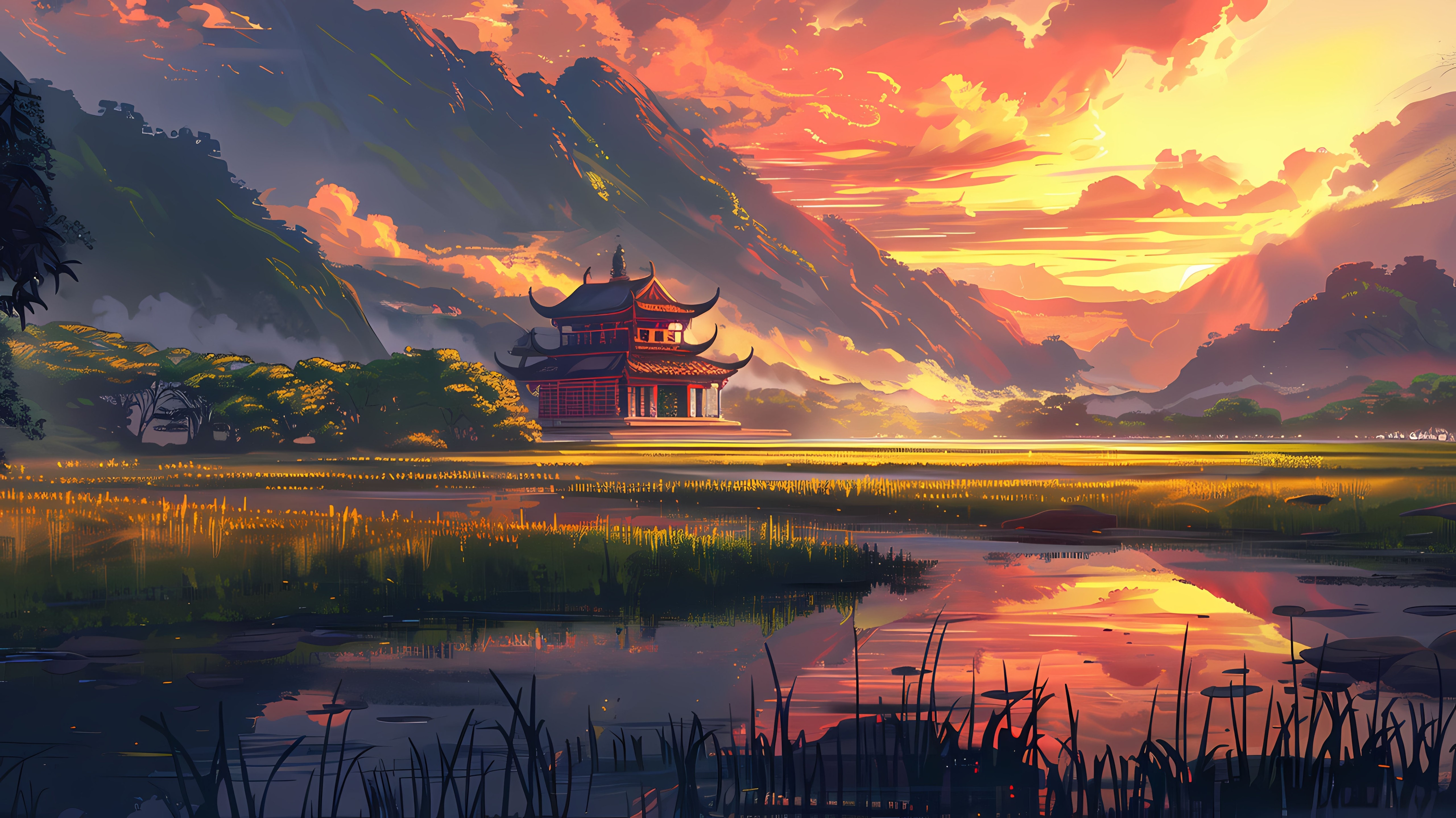 Japan's Tranquil Pagoda at Sunset - backiee