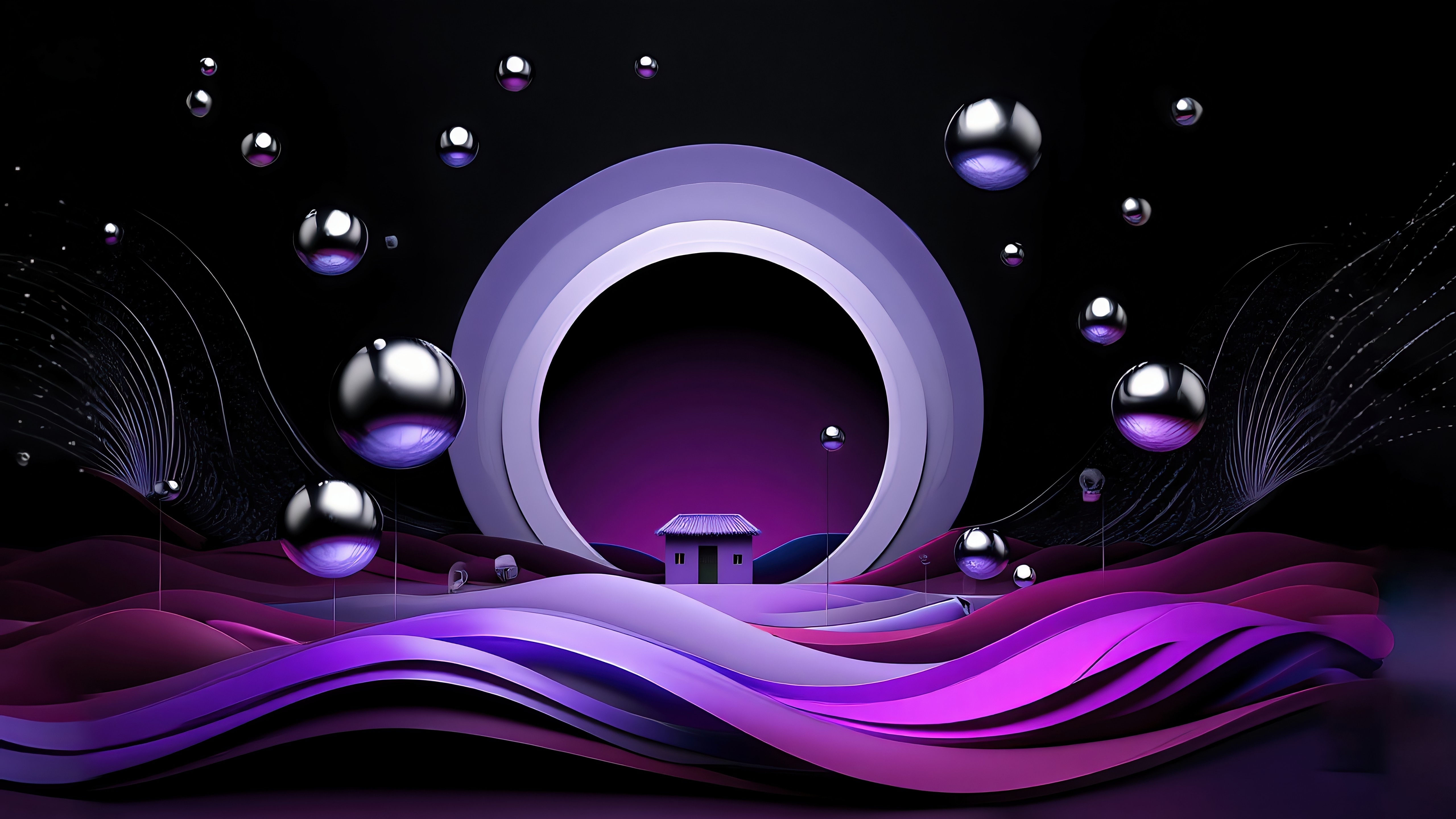 Purple Dreamscape with Metallic Orbs and Waves - backiee