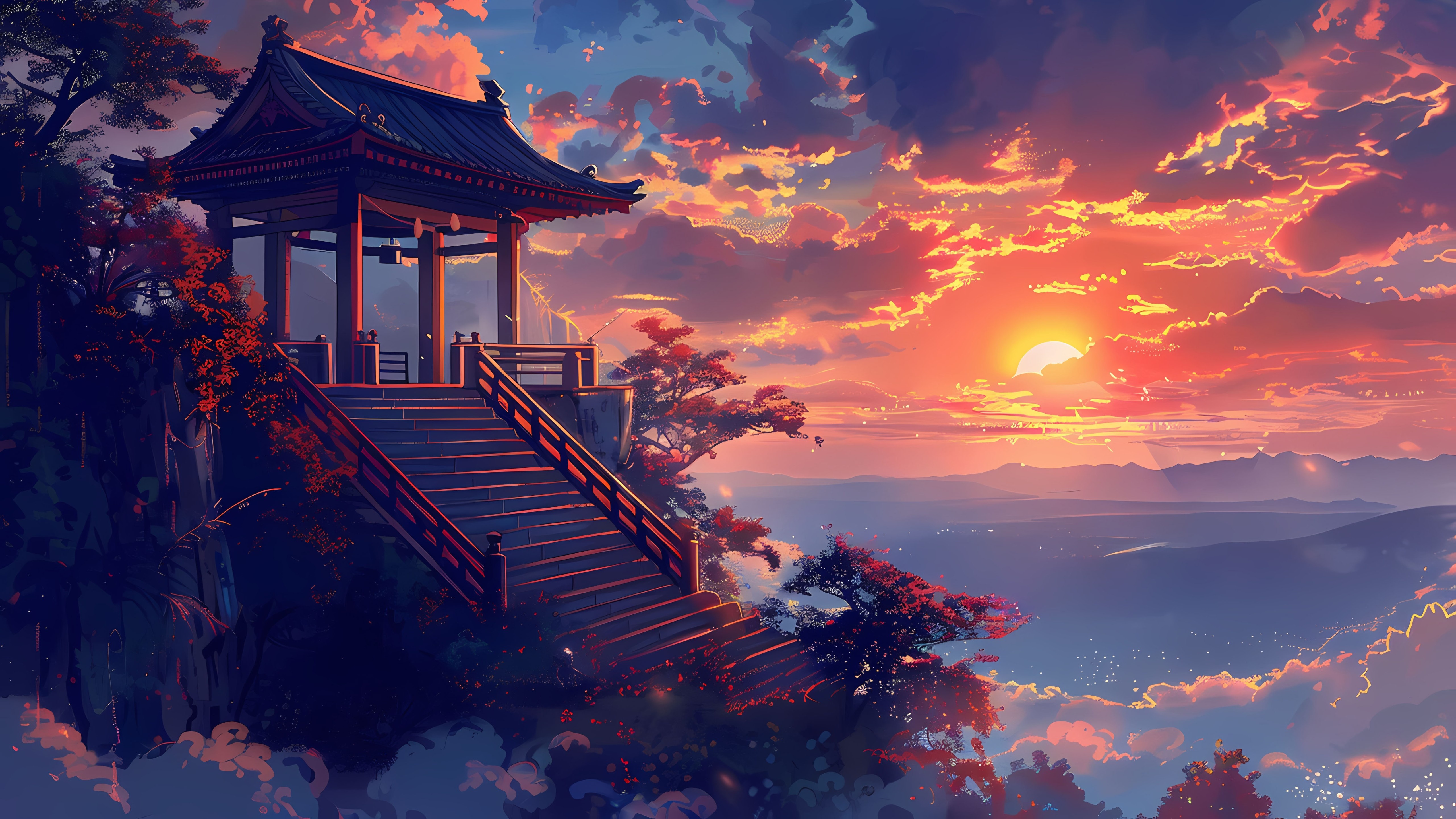 Japanese Sunset Overlook in Anime Art Style - backiee