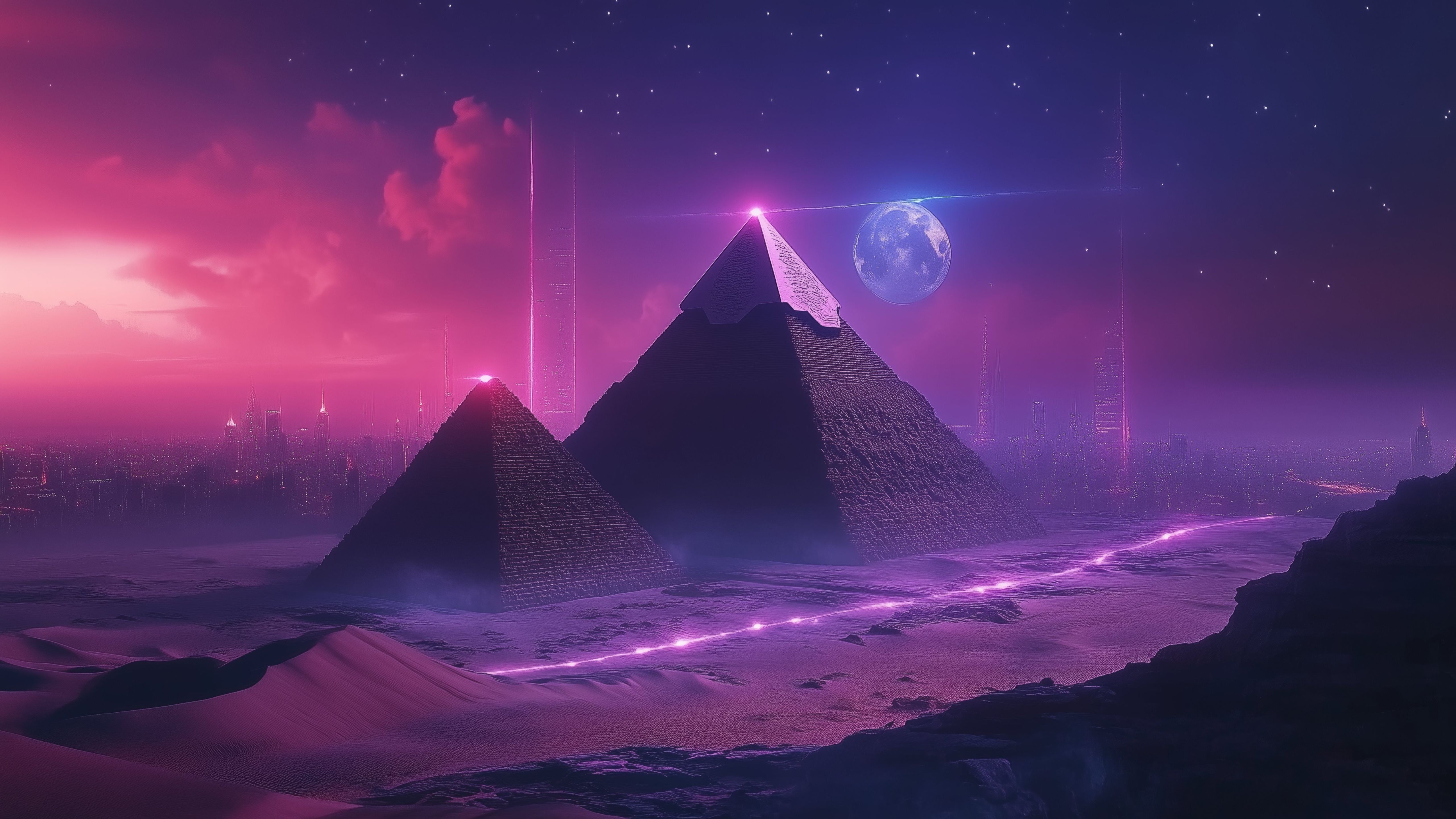 Purple Pyramids Under the Enchanting Moonlight - backiee
