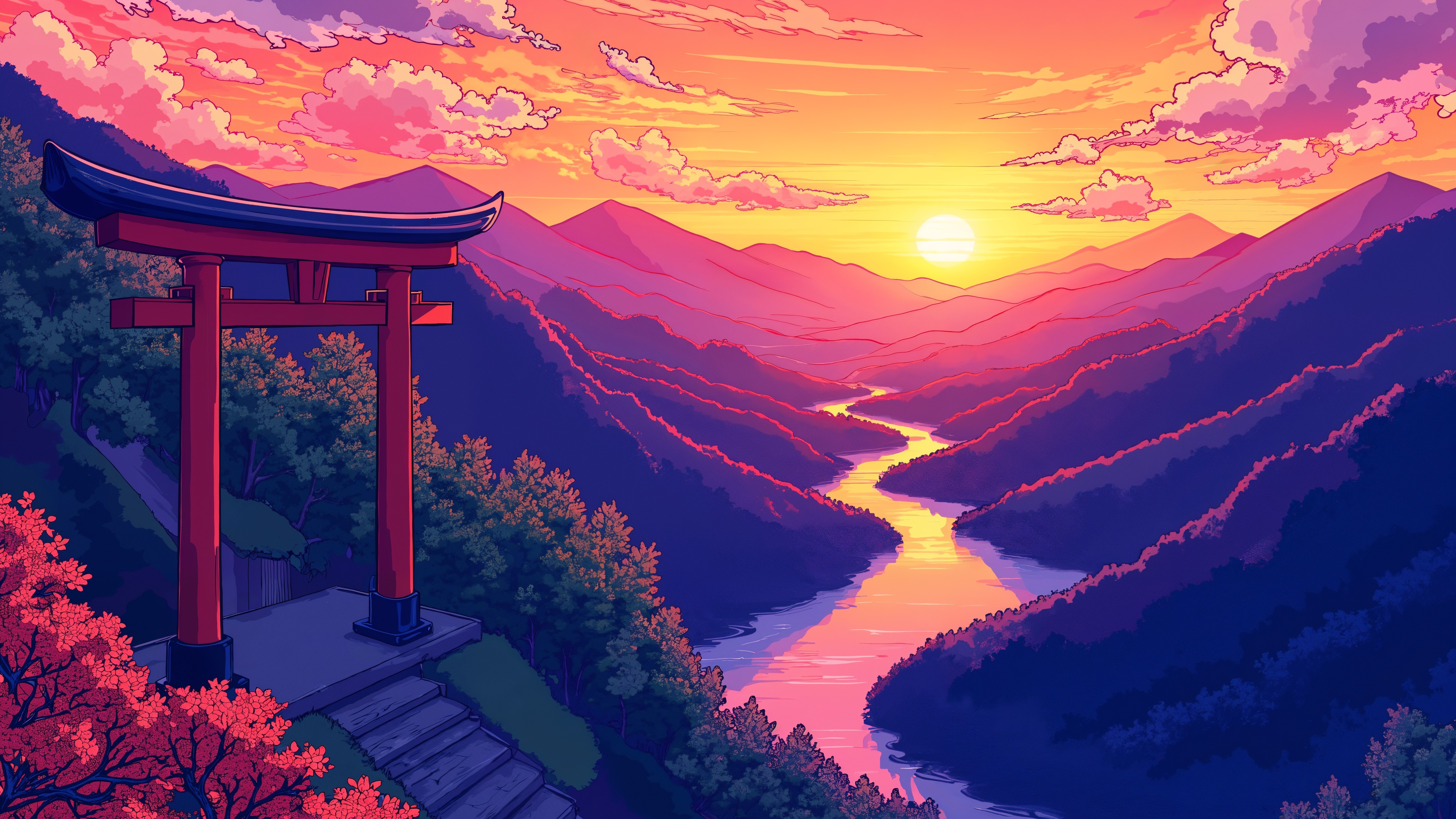 Serene Sunset Over Oriental Landscape - backiee
