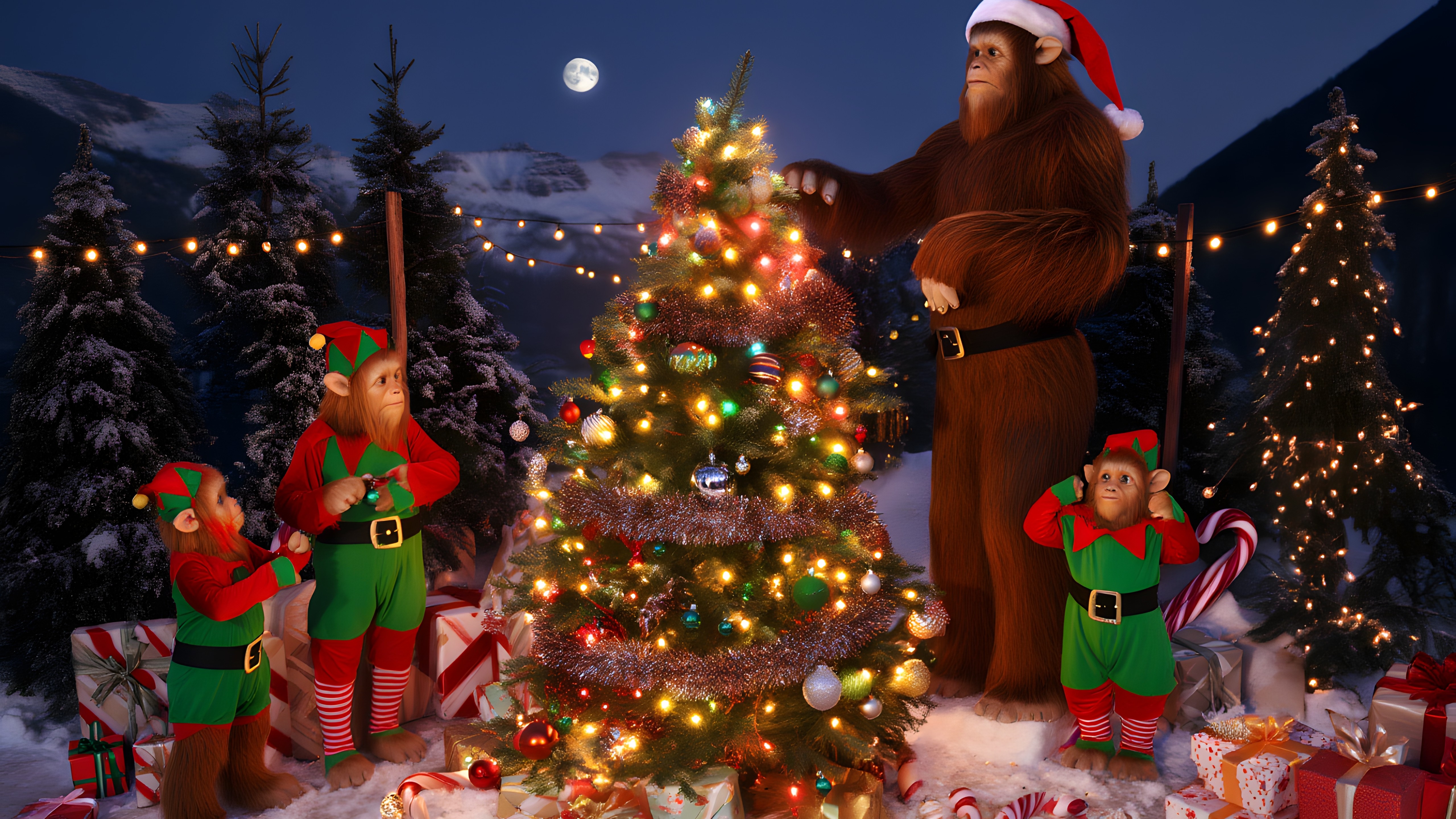 Bigfoot Family Christmas Celebration Under Moonlit Snowy Pines - backiee