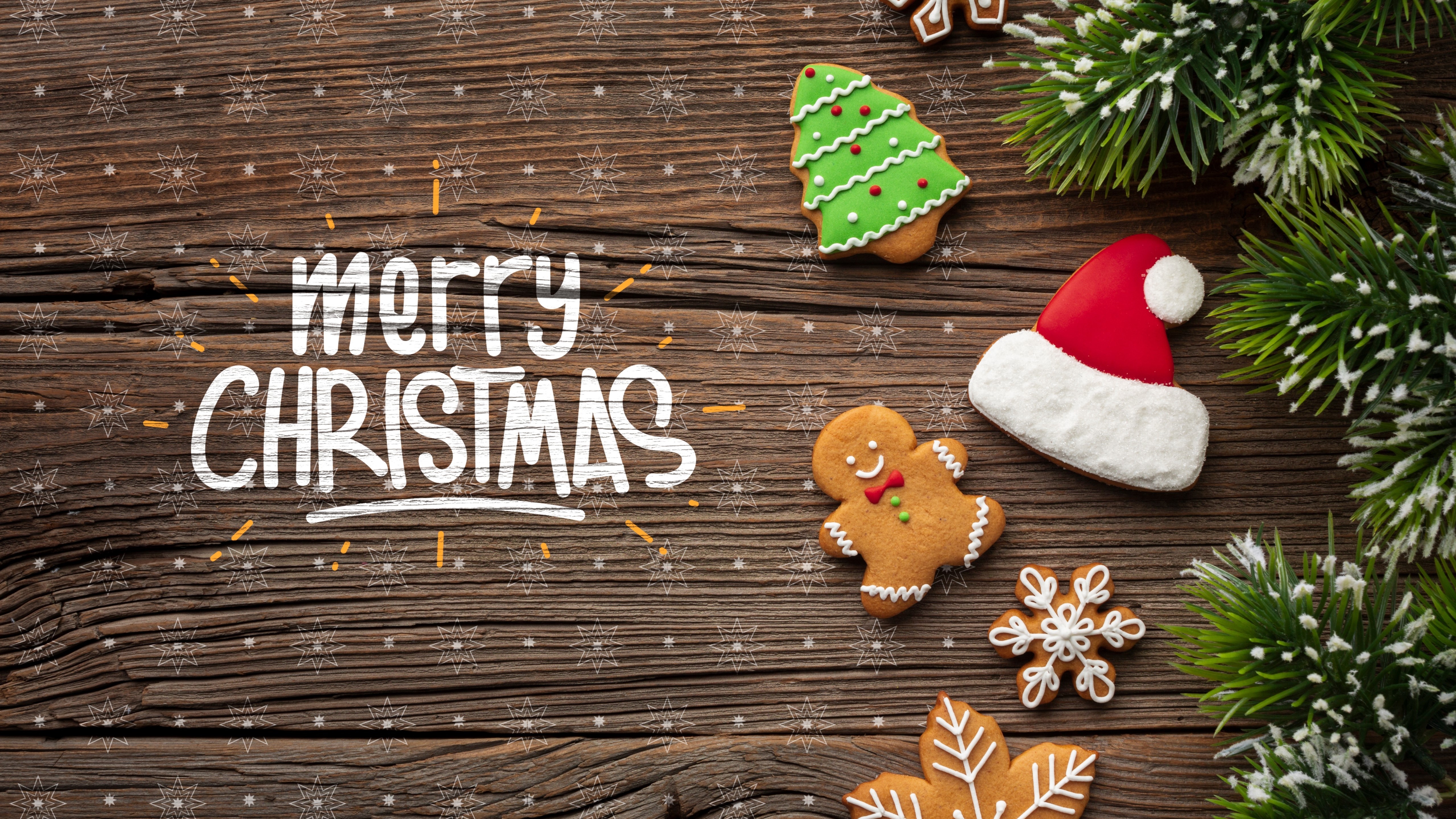 Rustic Merry Christmas Cookies and Pine 5K Celebration Wallpaper - backiee