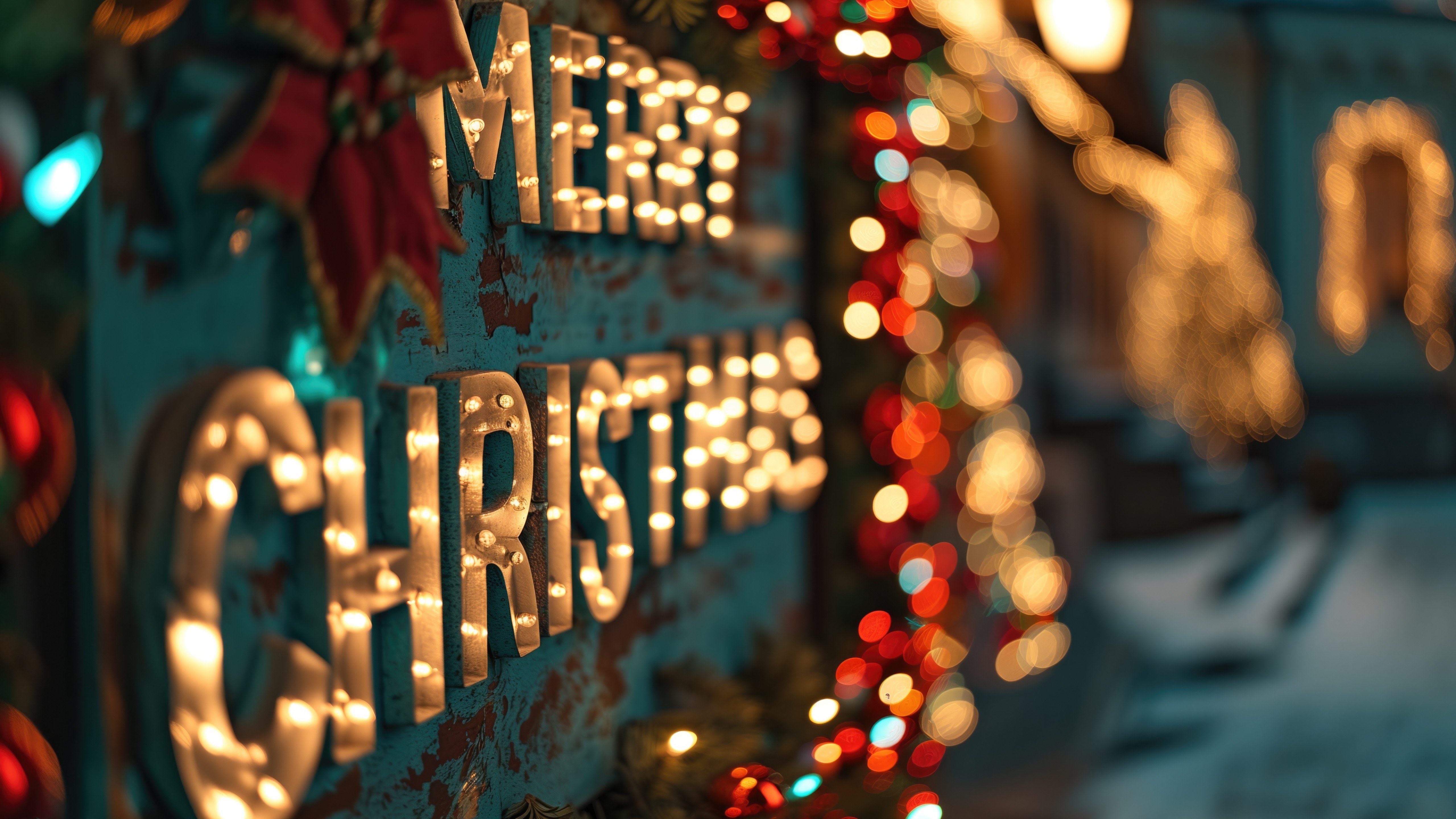 Glowing Merry Christmas Light Letters with Warm Holiday Bokeh - backiee