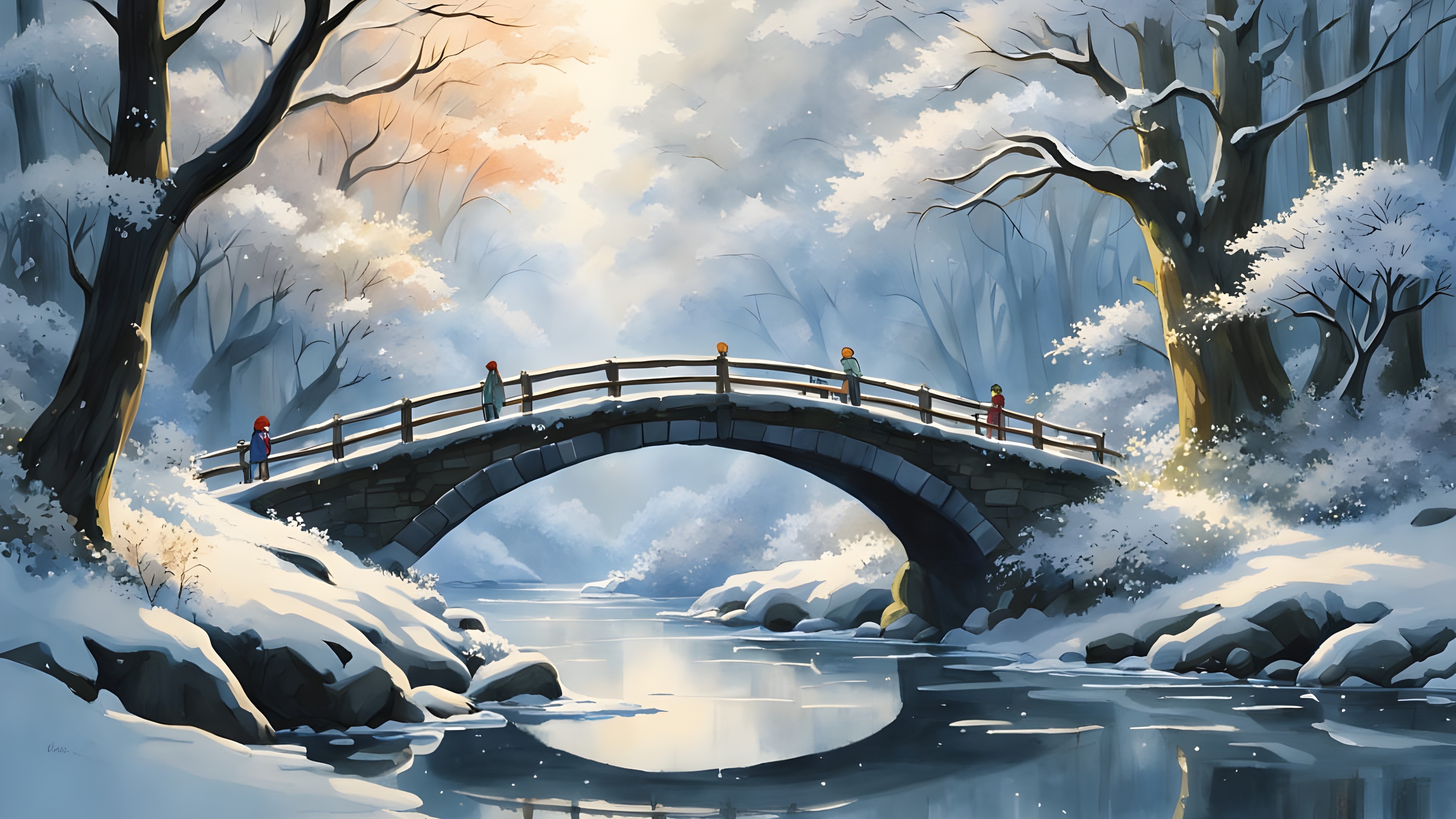 Snowy Forest Bridge Over Quiet River in Anime Winter Glow - backiee