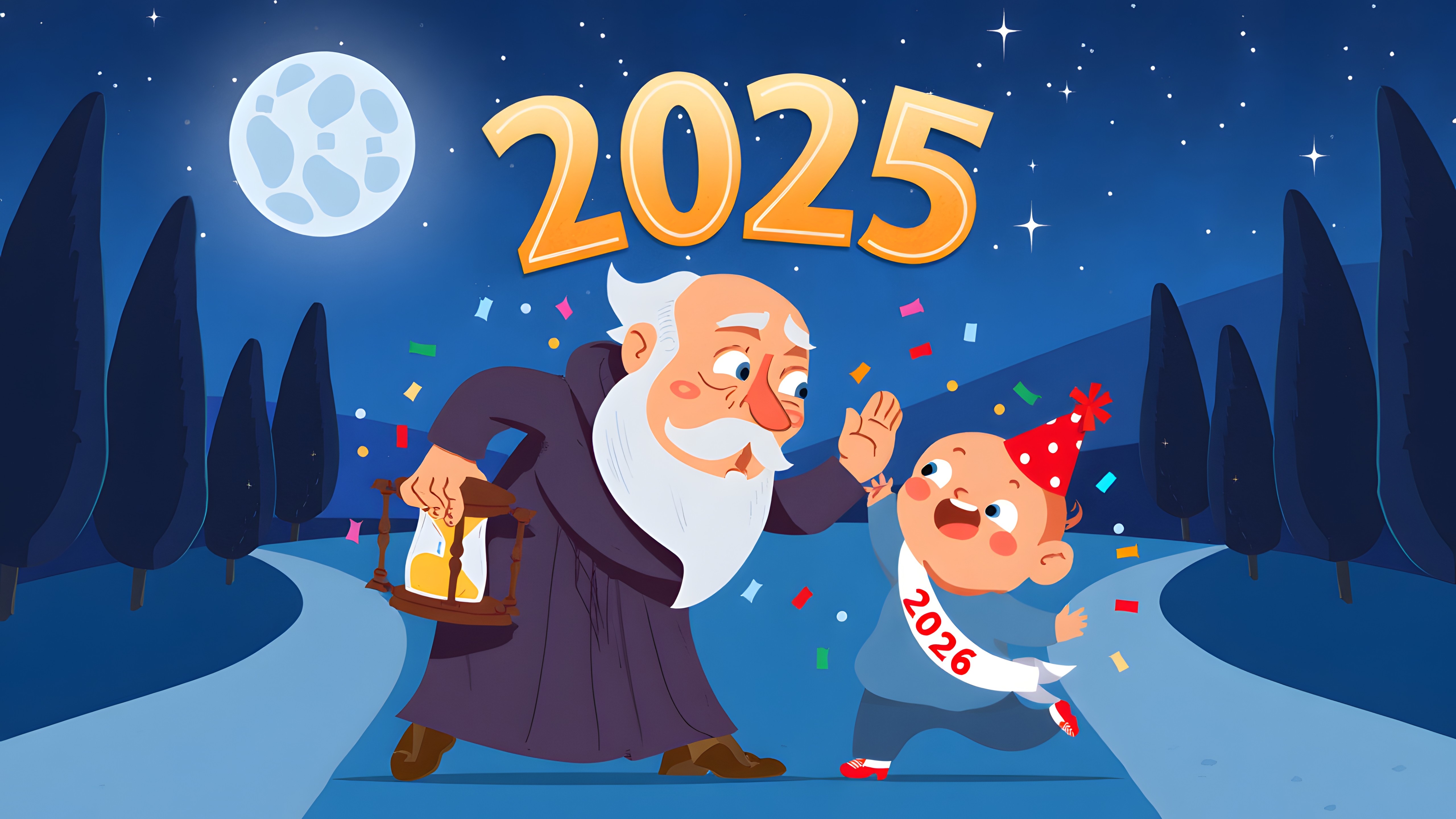 Cartoon New Year Countdown From 2025 to 2026 Under Moonlight - backiee