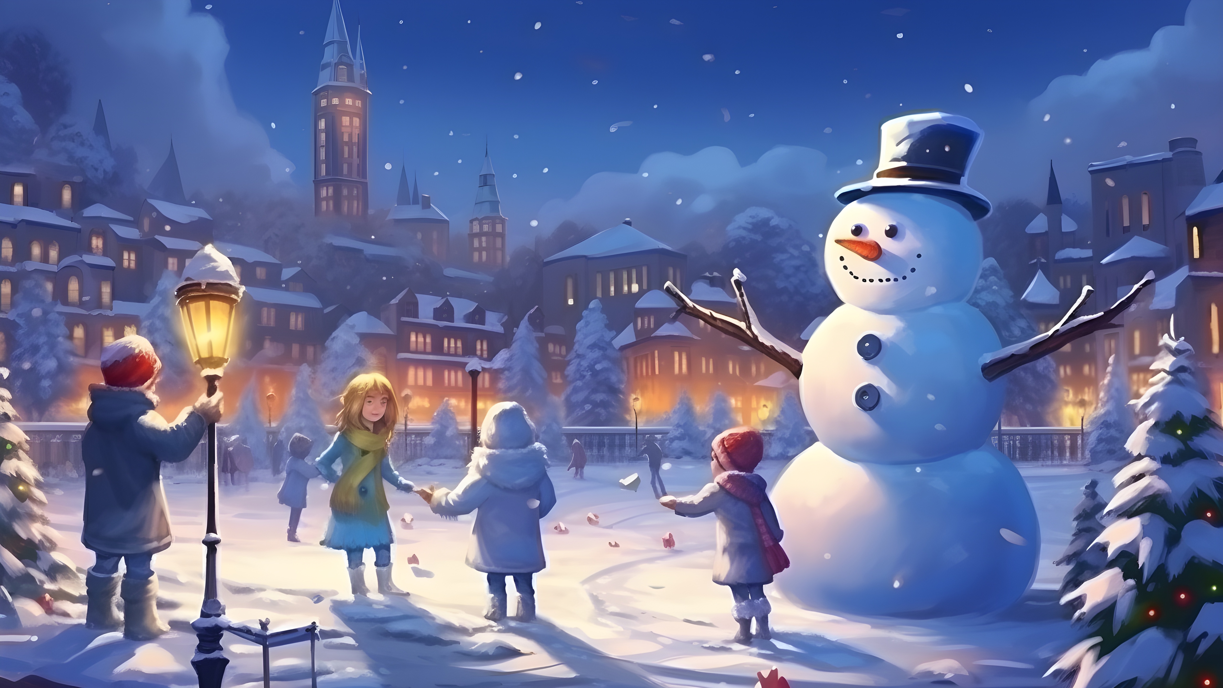 Digital Art Christmas Eve Snowman in a Glowing Winter Town - backiee