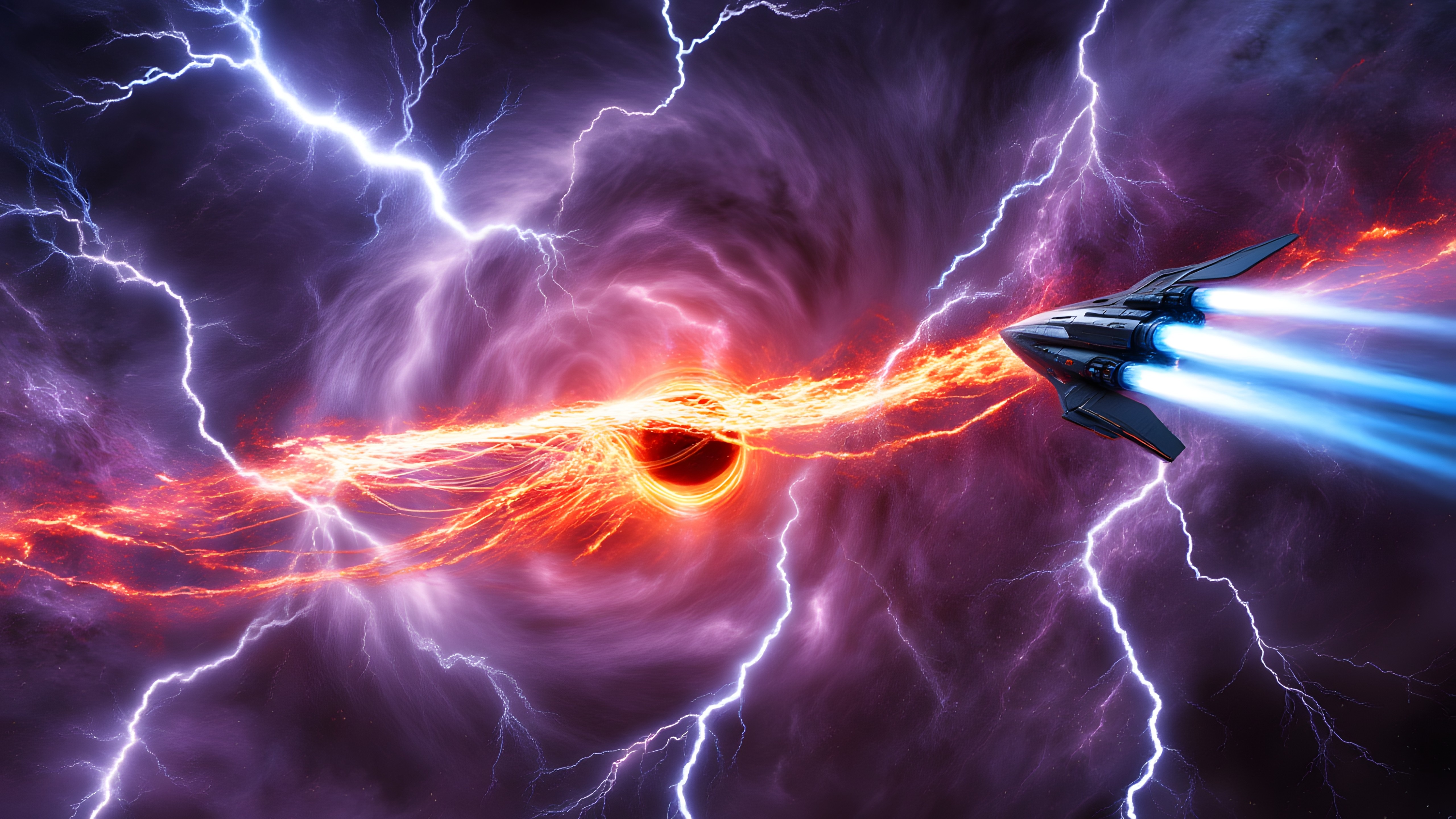 Starship Racing a Lightning Tornado Around a Fiery Black Hole - backiee