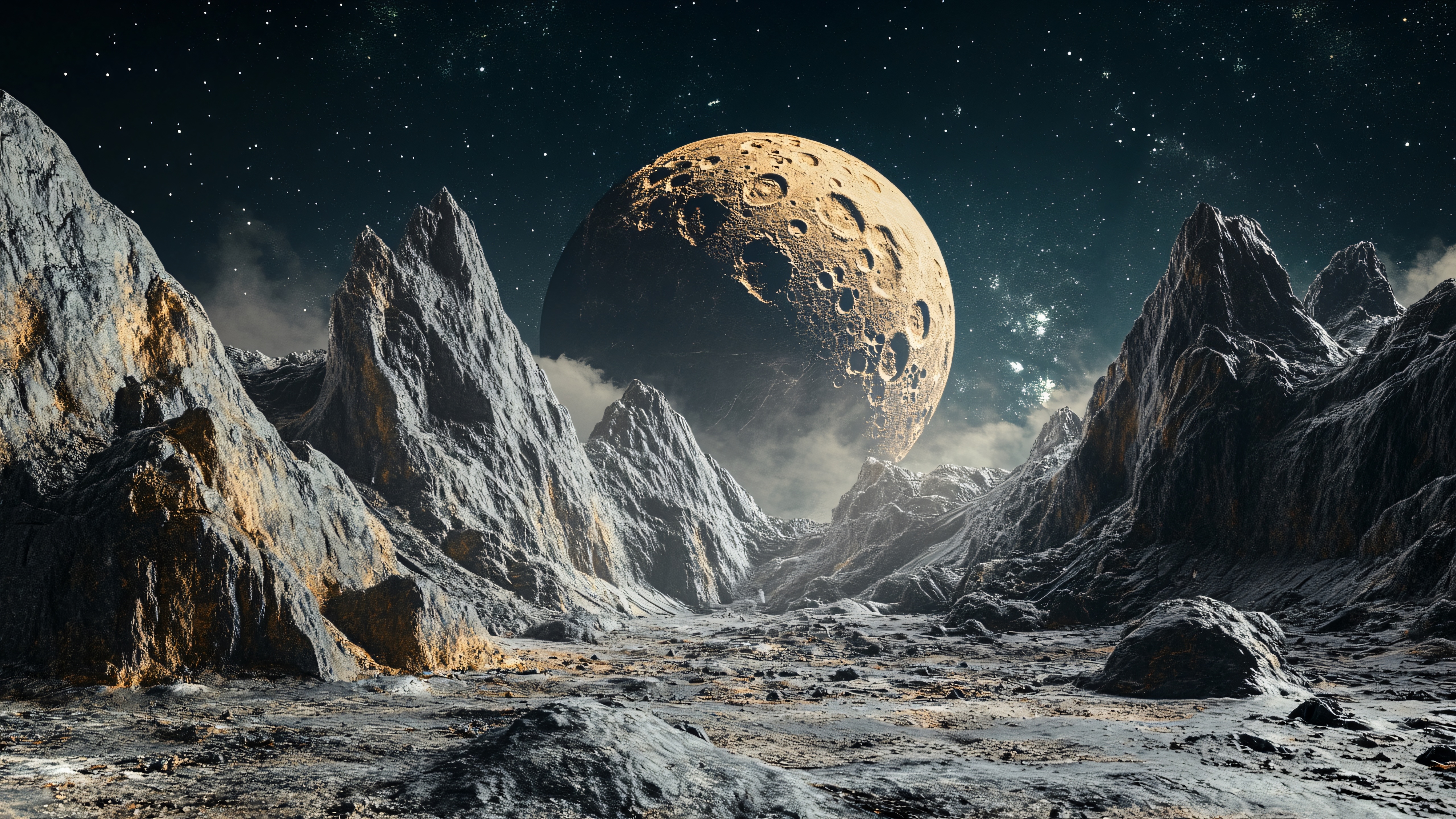 Moonlit Crater World Over Jagged Alien Mountains - backiee