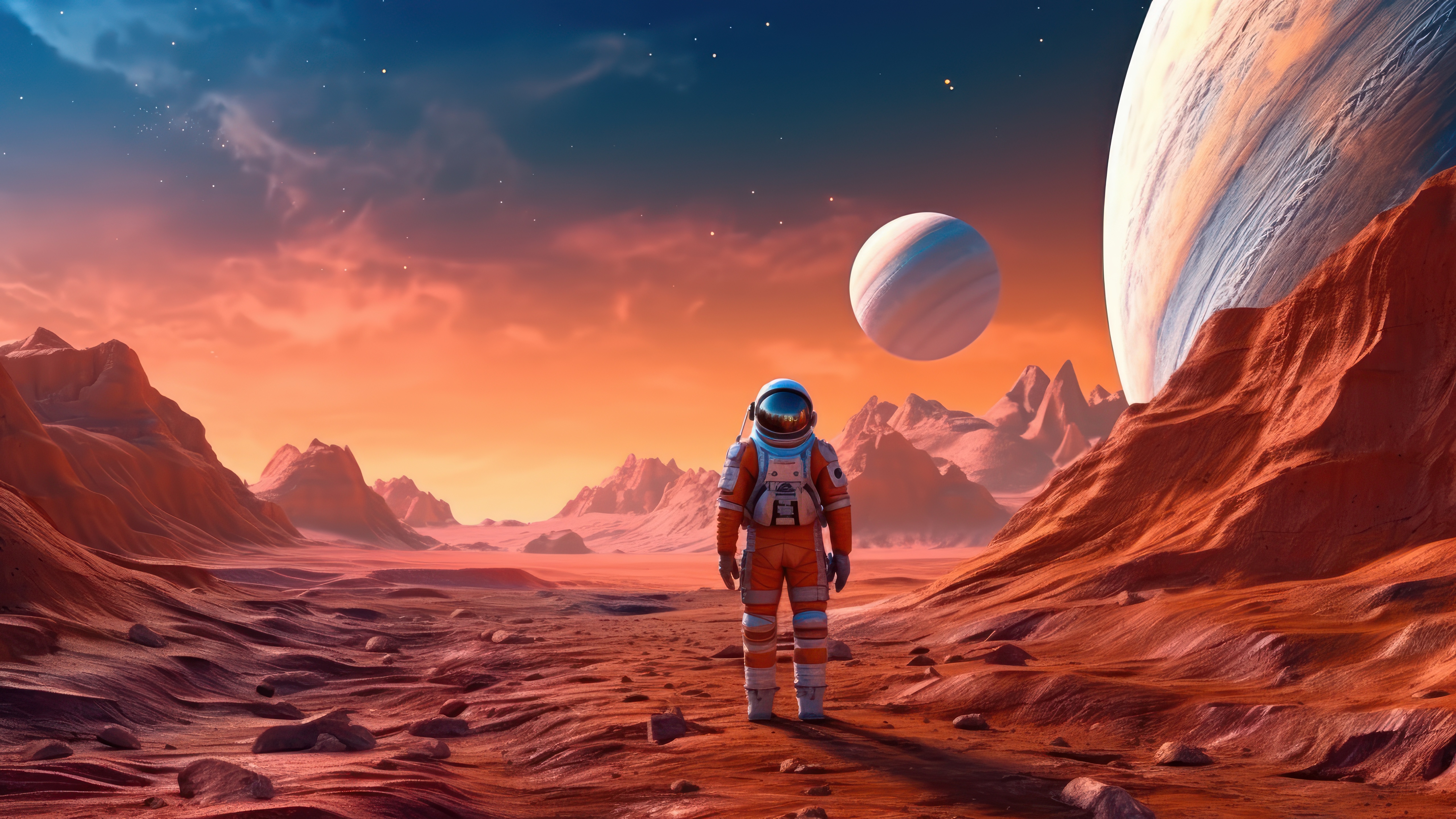 Lone Astronaut on Crimson Alien Desert Beneath Twin Worlds - backiee