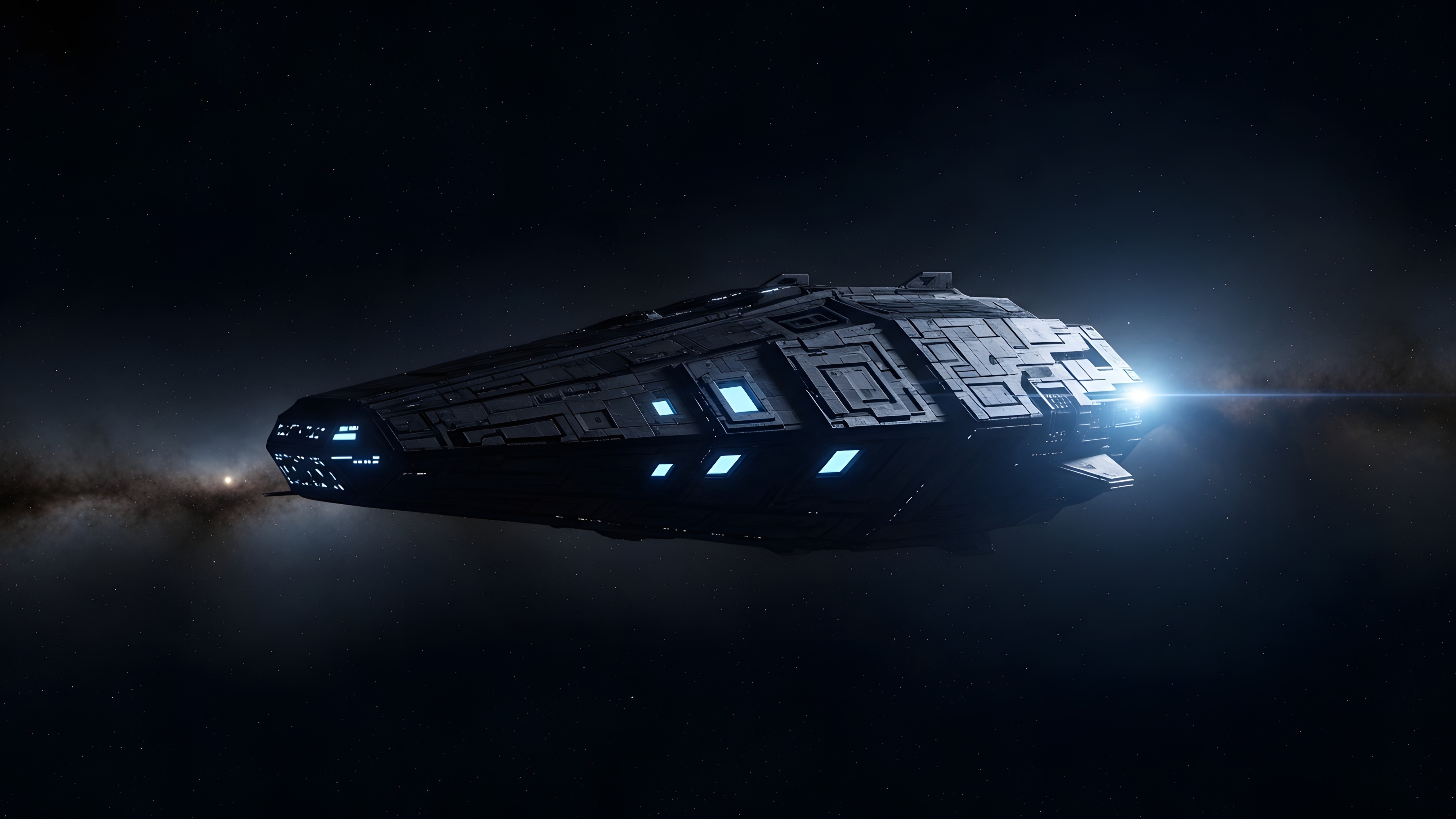 Silent Vanguard Starship Drifting Through the Deep Galactic Night - backiee