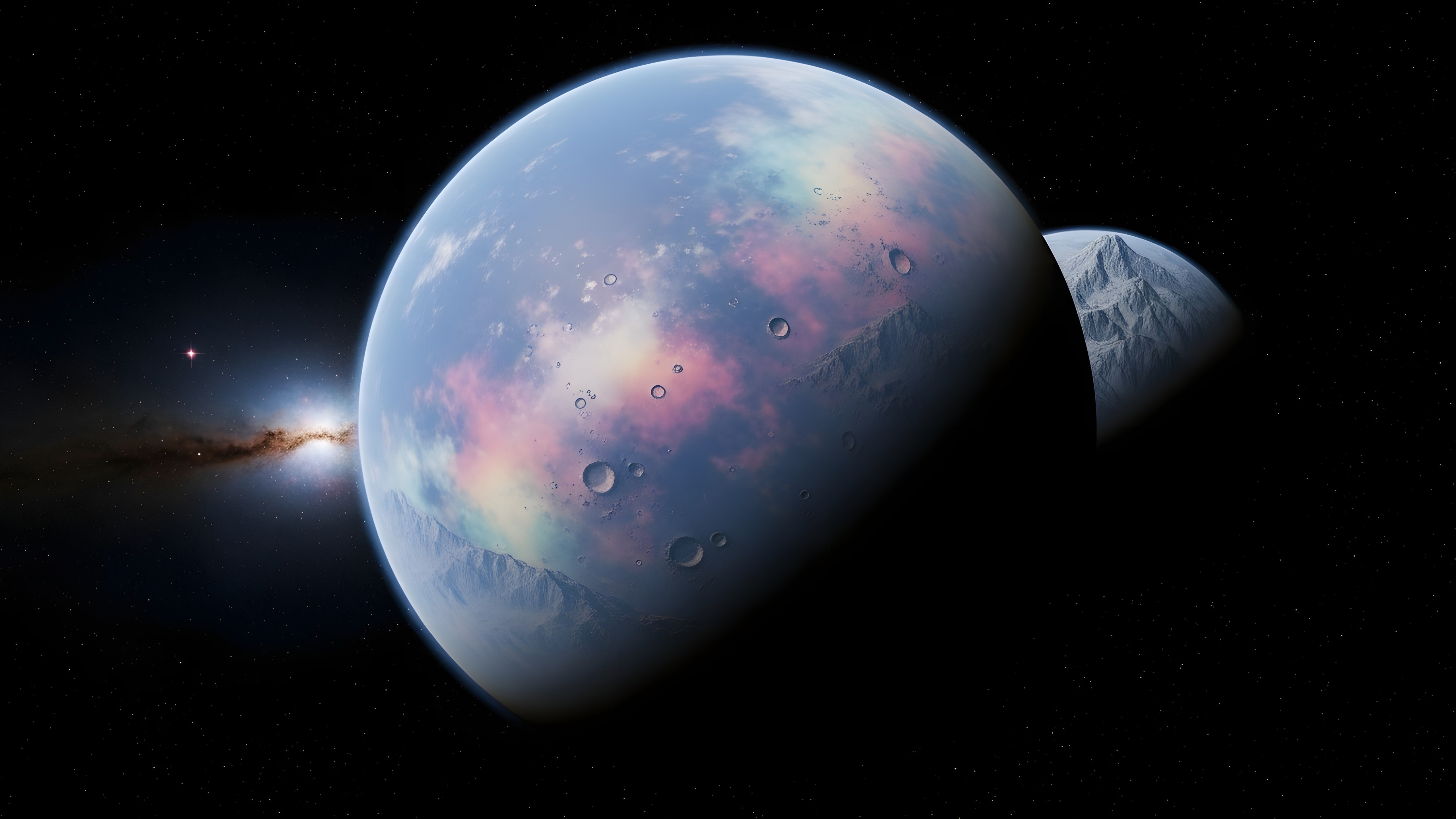 Iridescent Twin Planets Drifting Through Silent Deep Space - backiee