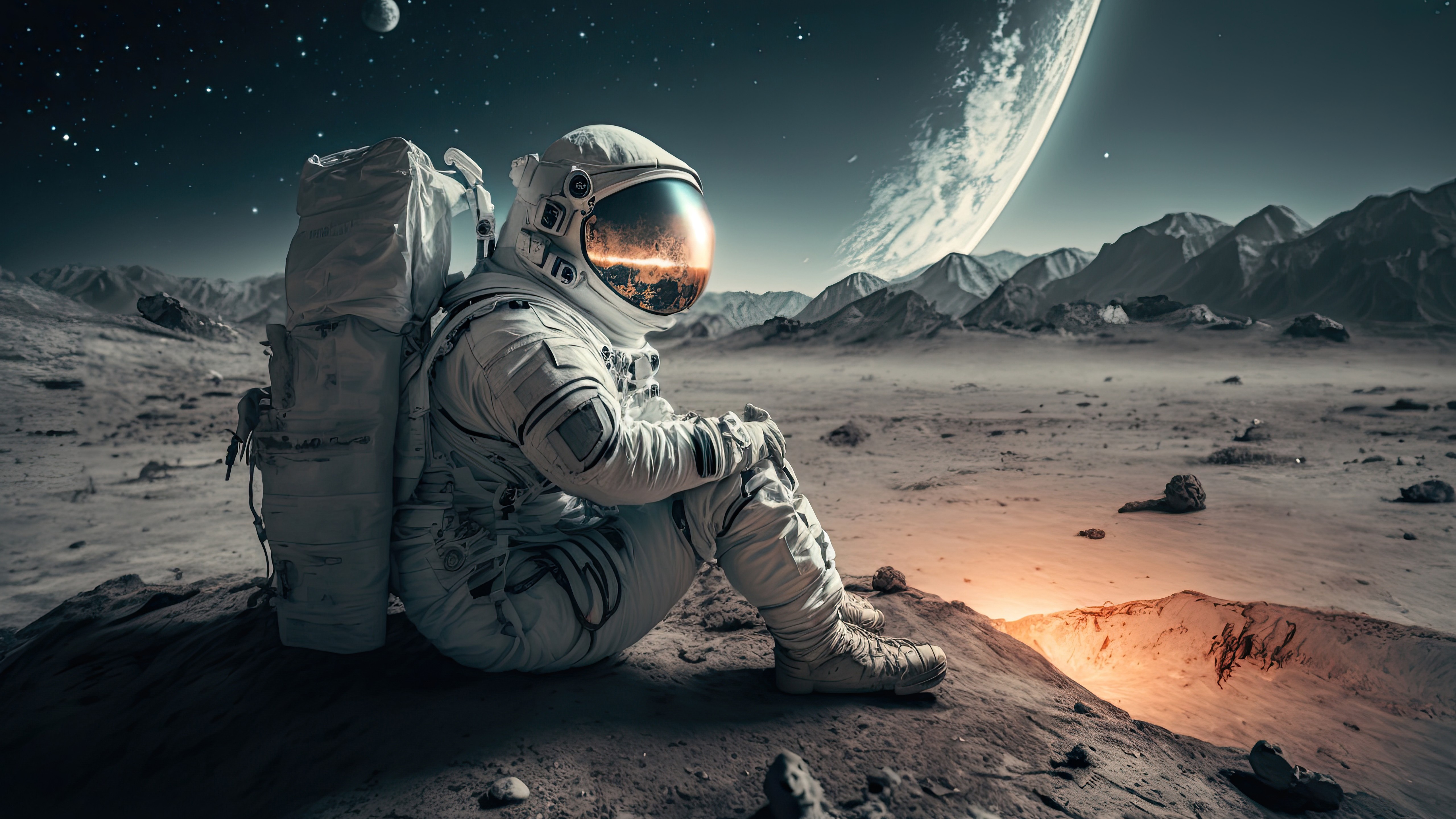 Lone Astronaut Resting on the Moon Under a Distant Earthrise - backiee